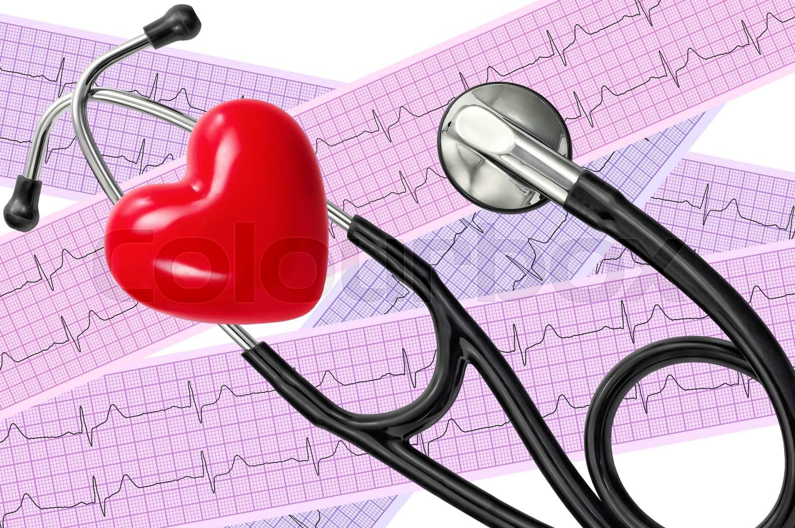 Heart analysis, electrocardiogram graph (ECG), red heart and ...