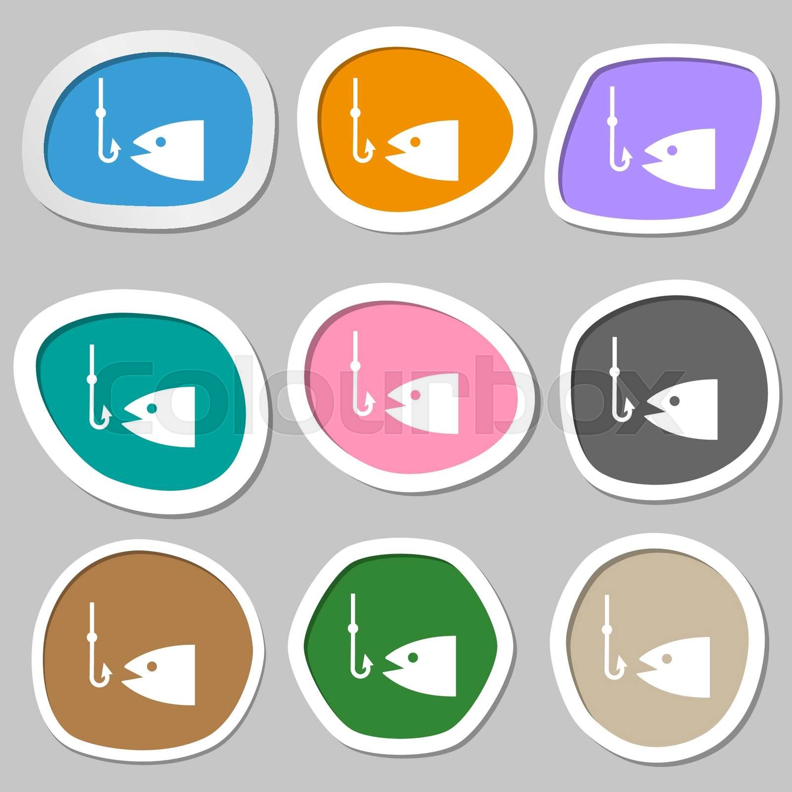 Fishing icon symbols. Multicolored paper stickers. Vector | Stock ...