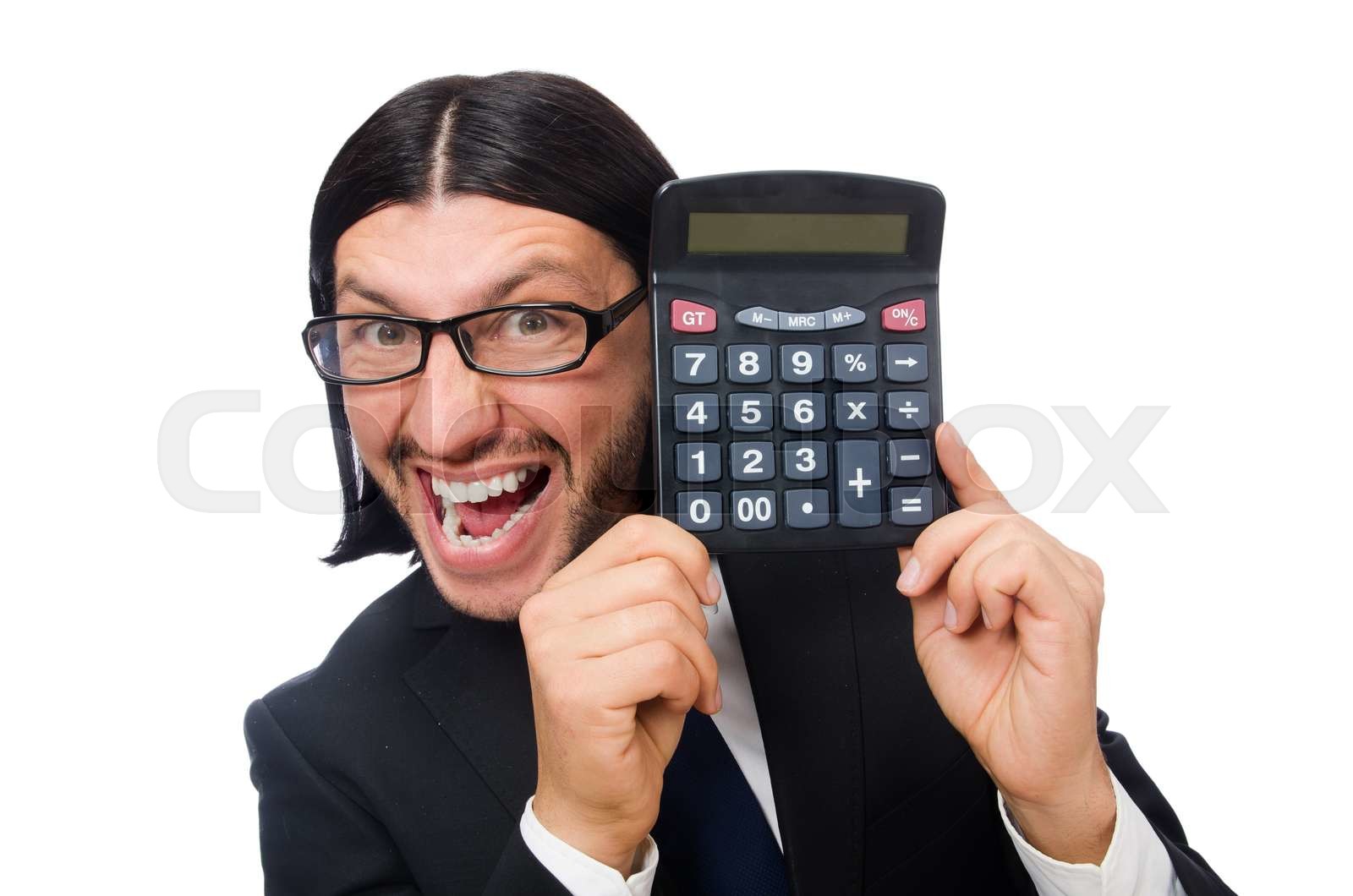Man with calculator isolated on white | Stock image | Colourbox
