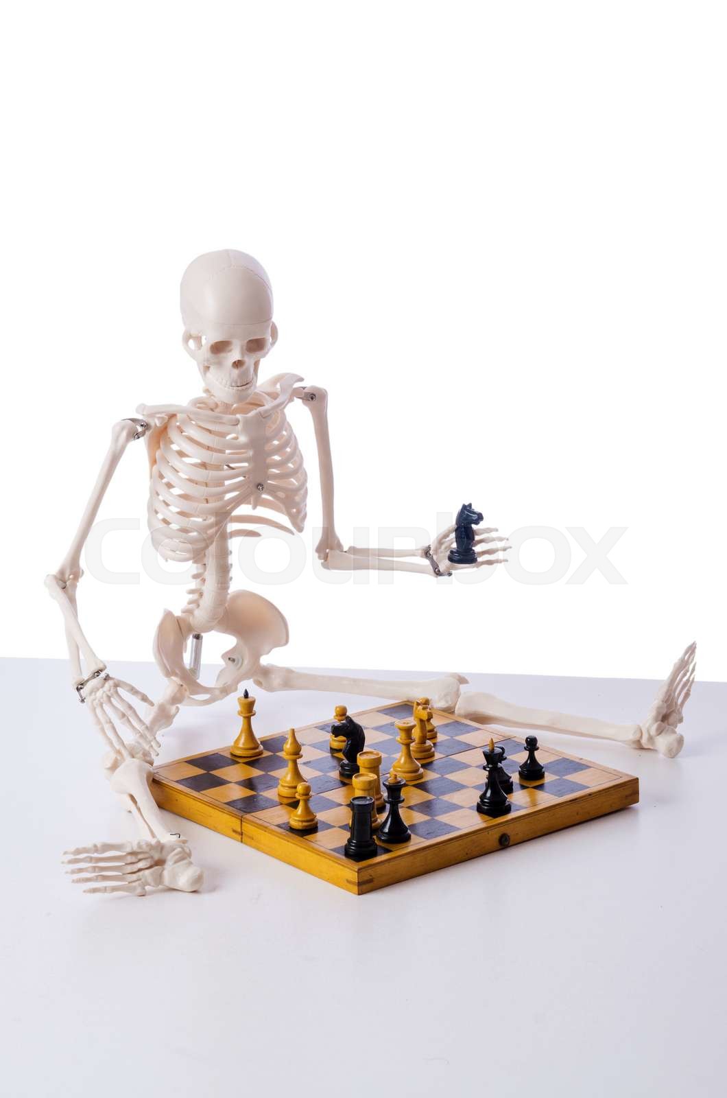 Skeleton playing chess game on white | Stock image | Colourbox