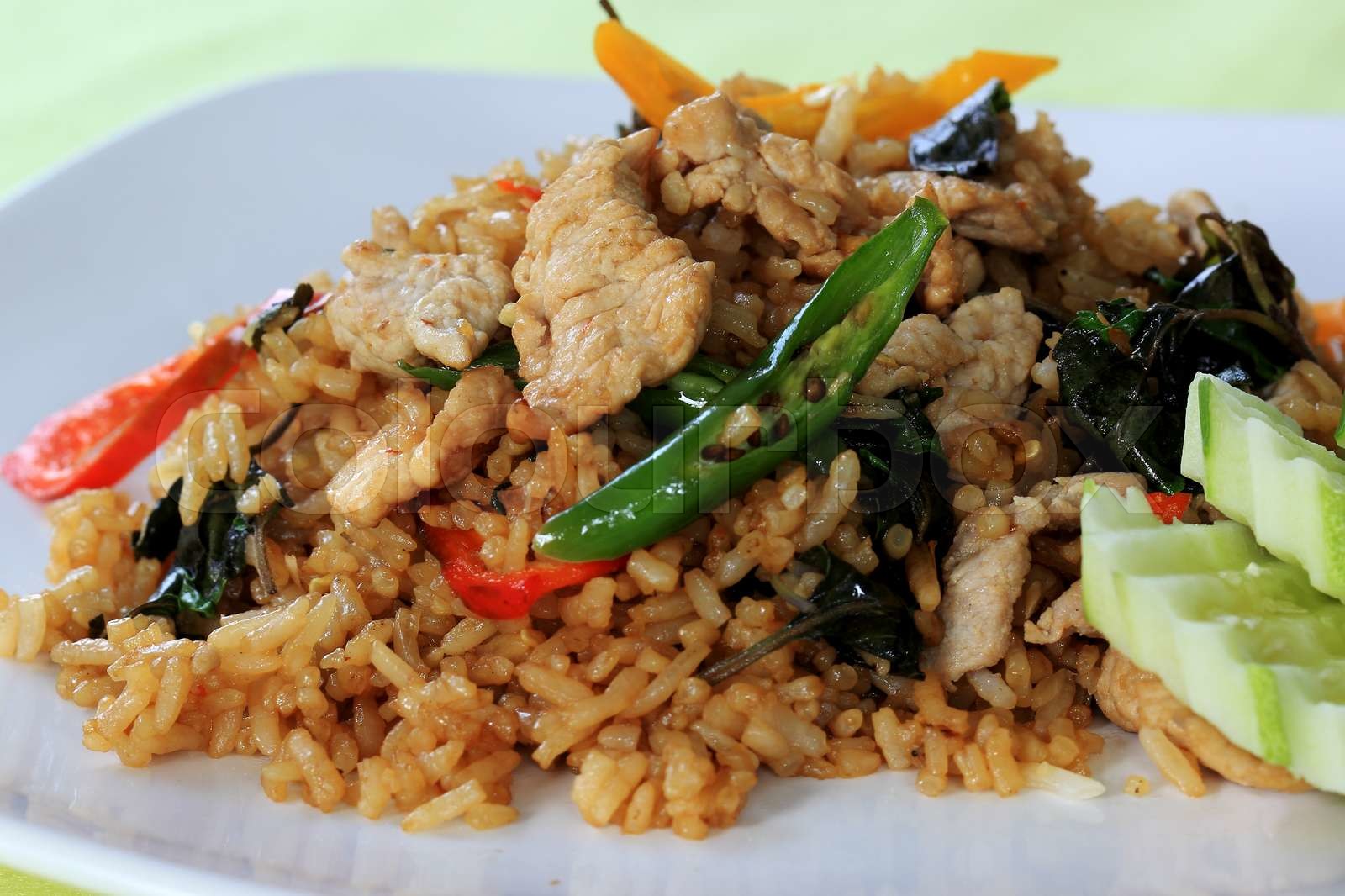 Fried rice with basil, chili and pork (Khao Pad Krapao Moo) | Stock ...