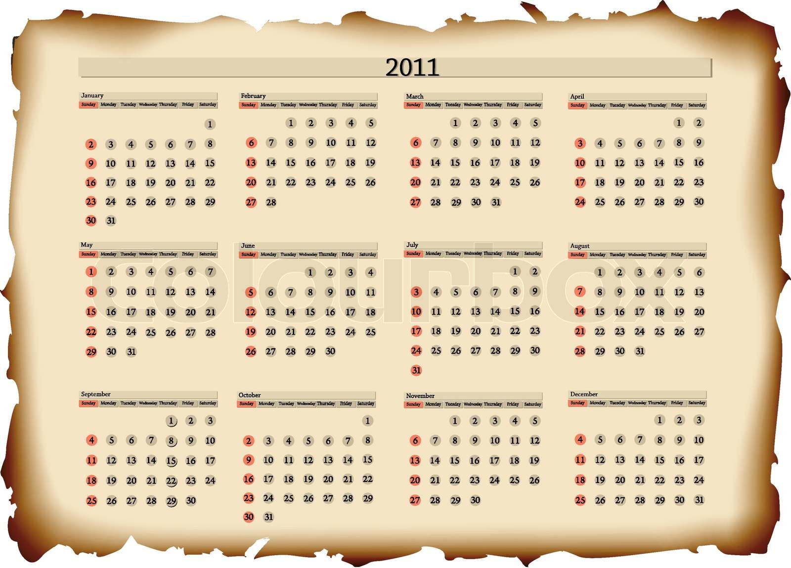 horizontal 2011 calendar template at burned paper | Stock vector ...