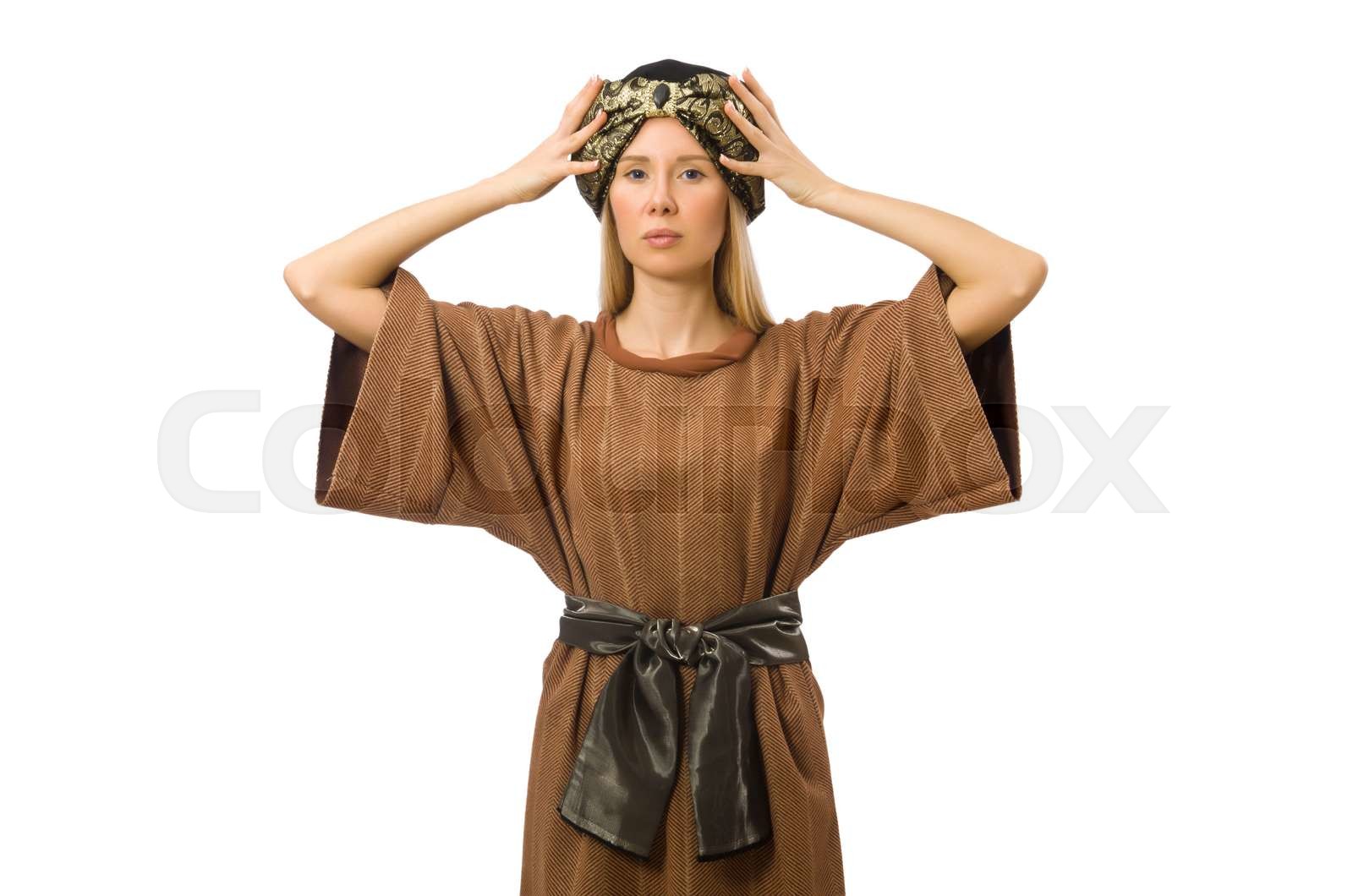 Woman wearing medieval arab clothing on white | Stock image | Colourbox