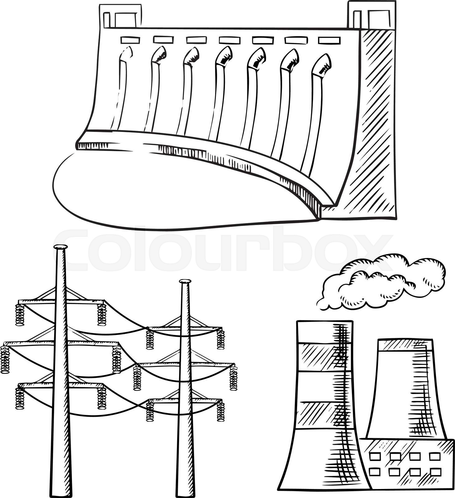 Electrical power plants and towers sketch icons | Stock vector | Colourbox