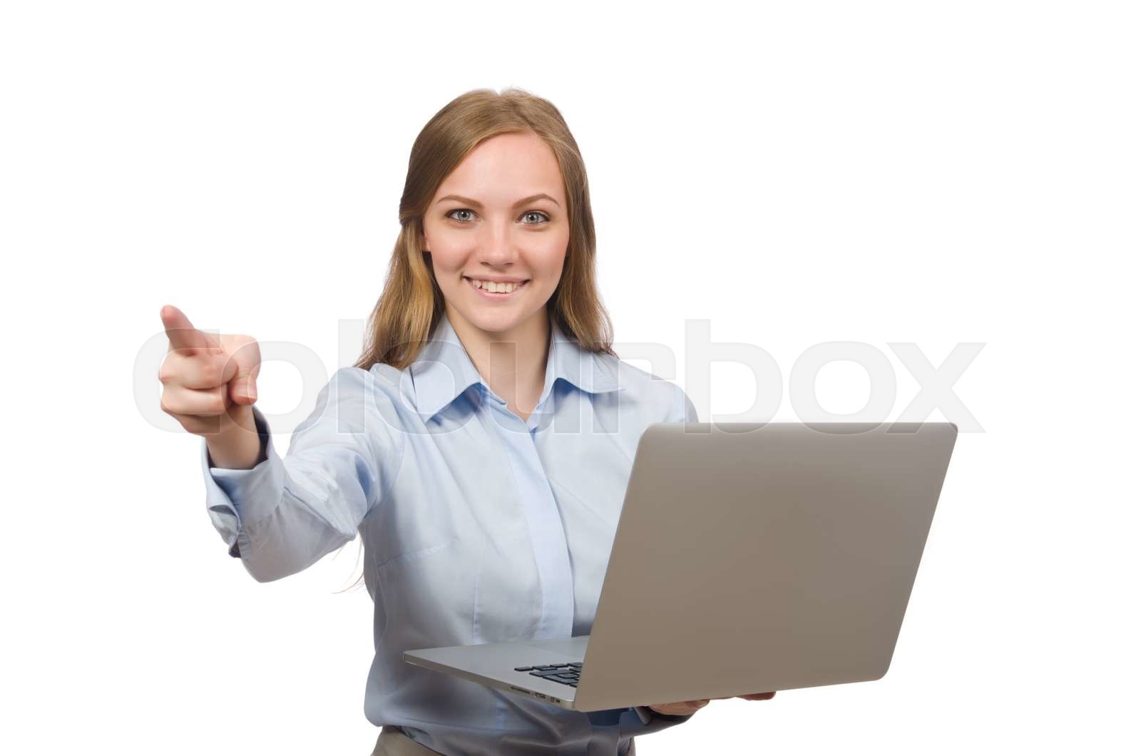 Office employee holding laptop isolated on white | Stock image | Colourbox