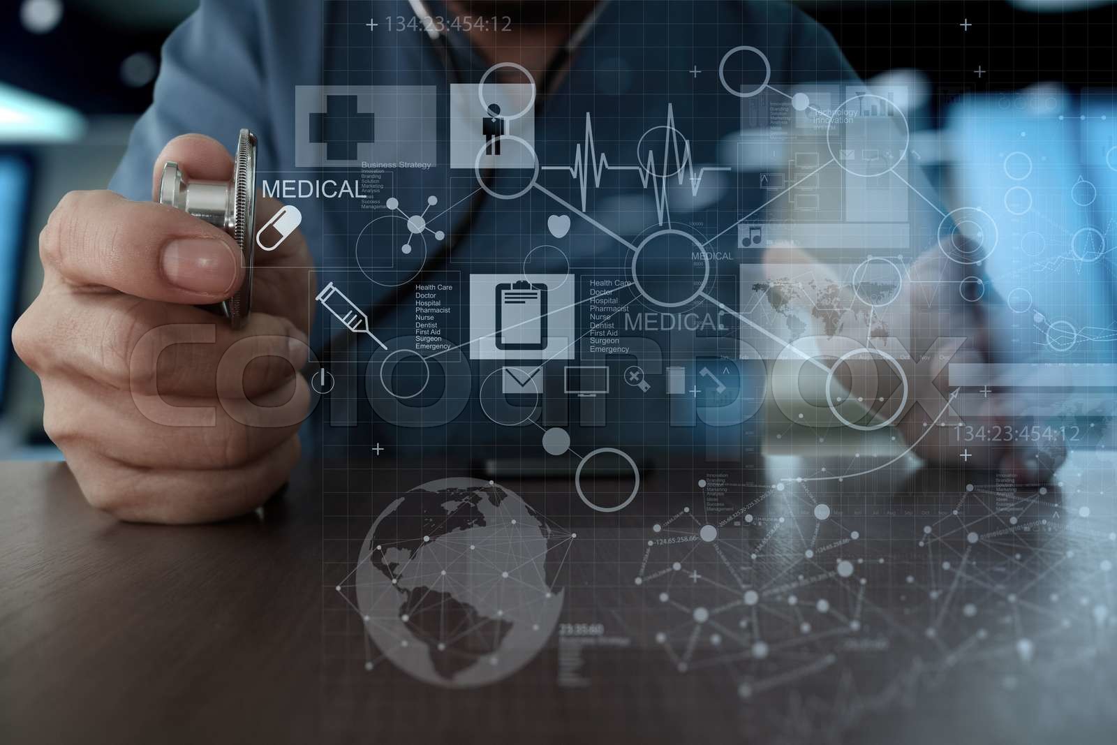 Medicine doctor hand working with modern computer interface as medical ...