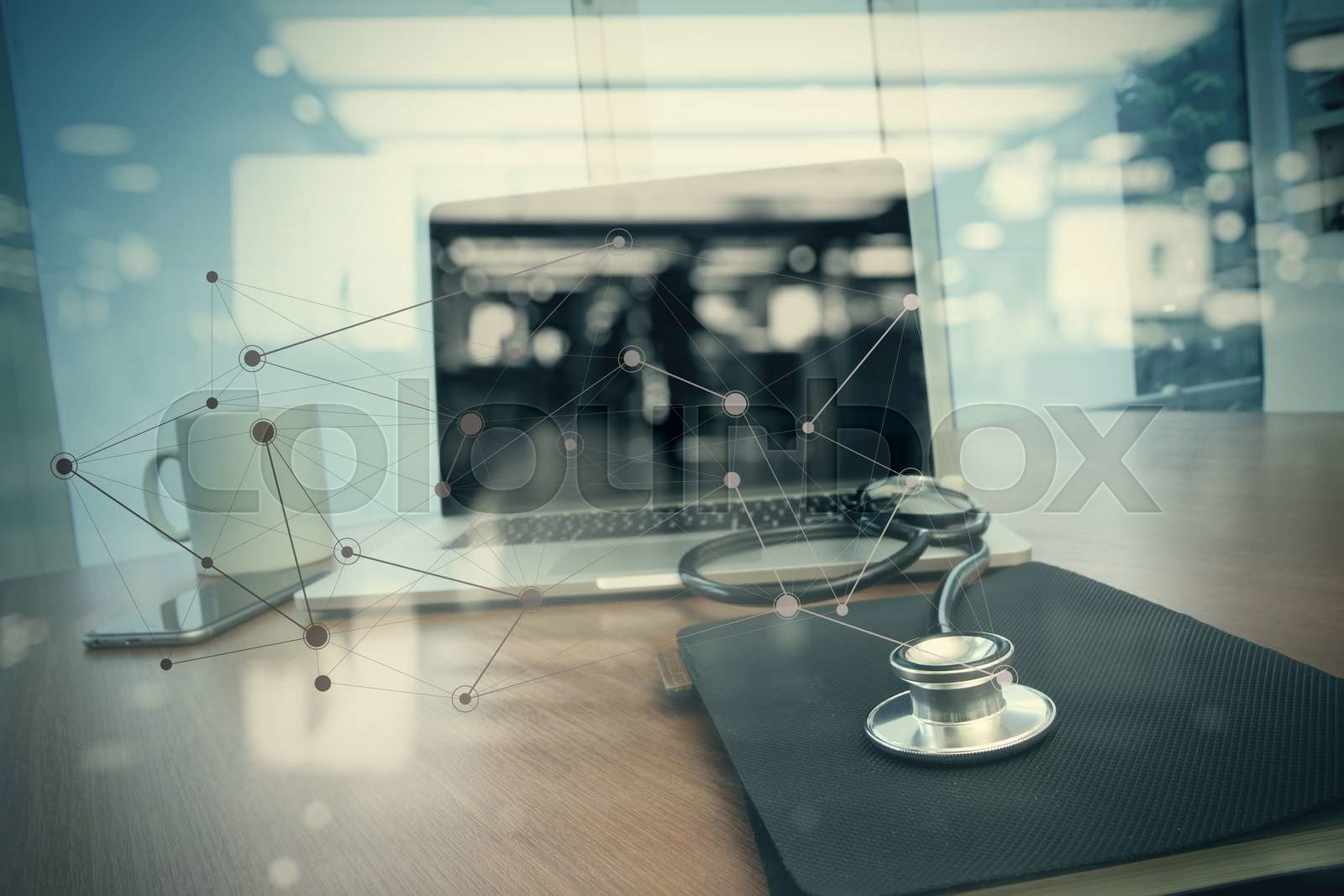 Doctor workspace with laptop computer in medical workspace office and ...