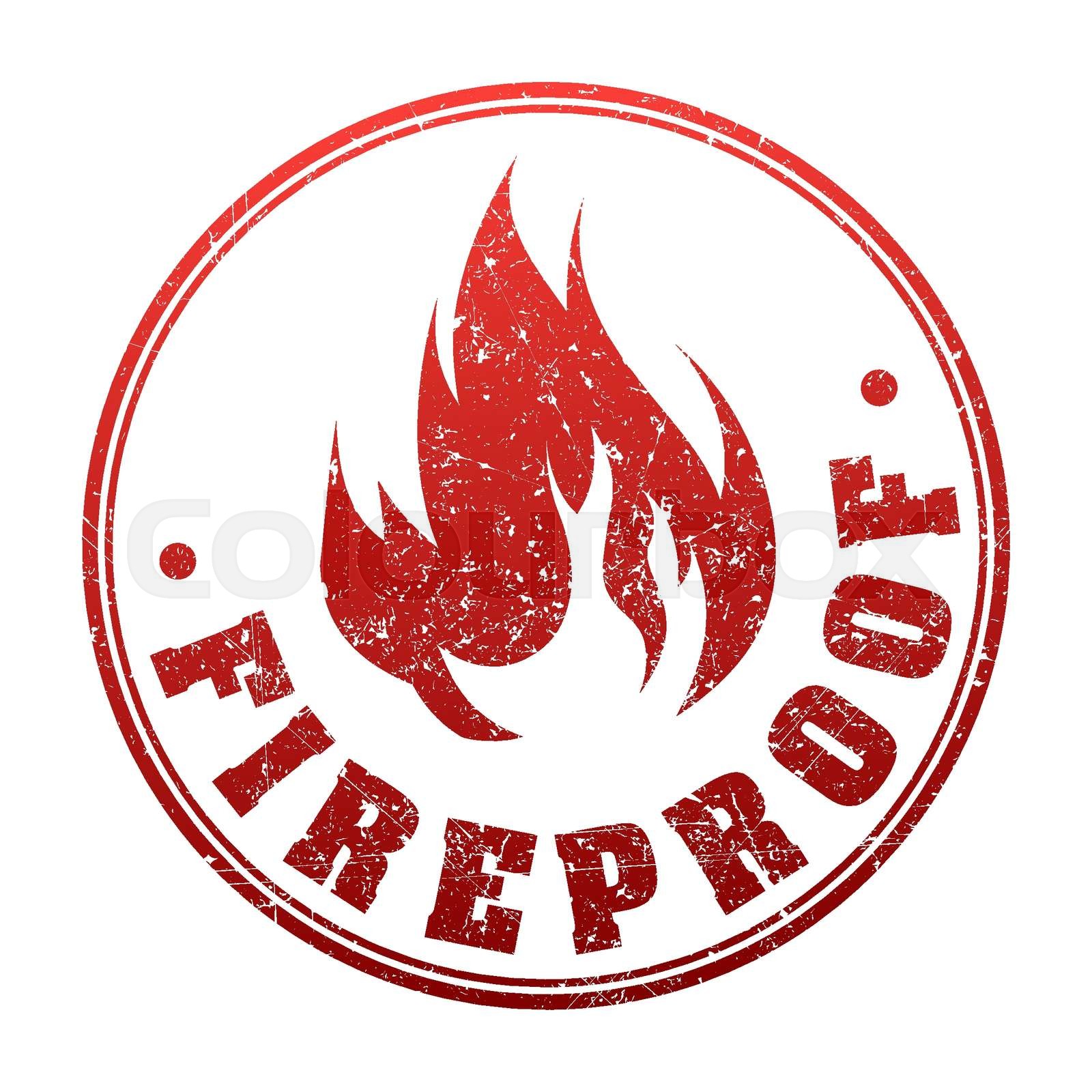 Abstract red grunge rubber stamp with caption FIREPROOF and blazing ...