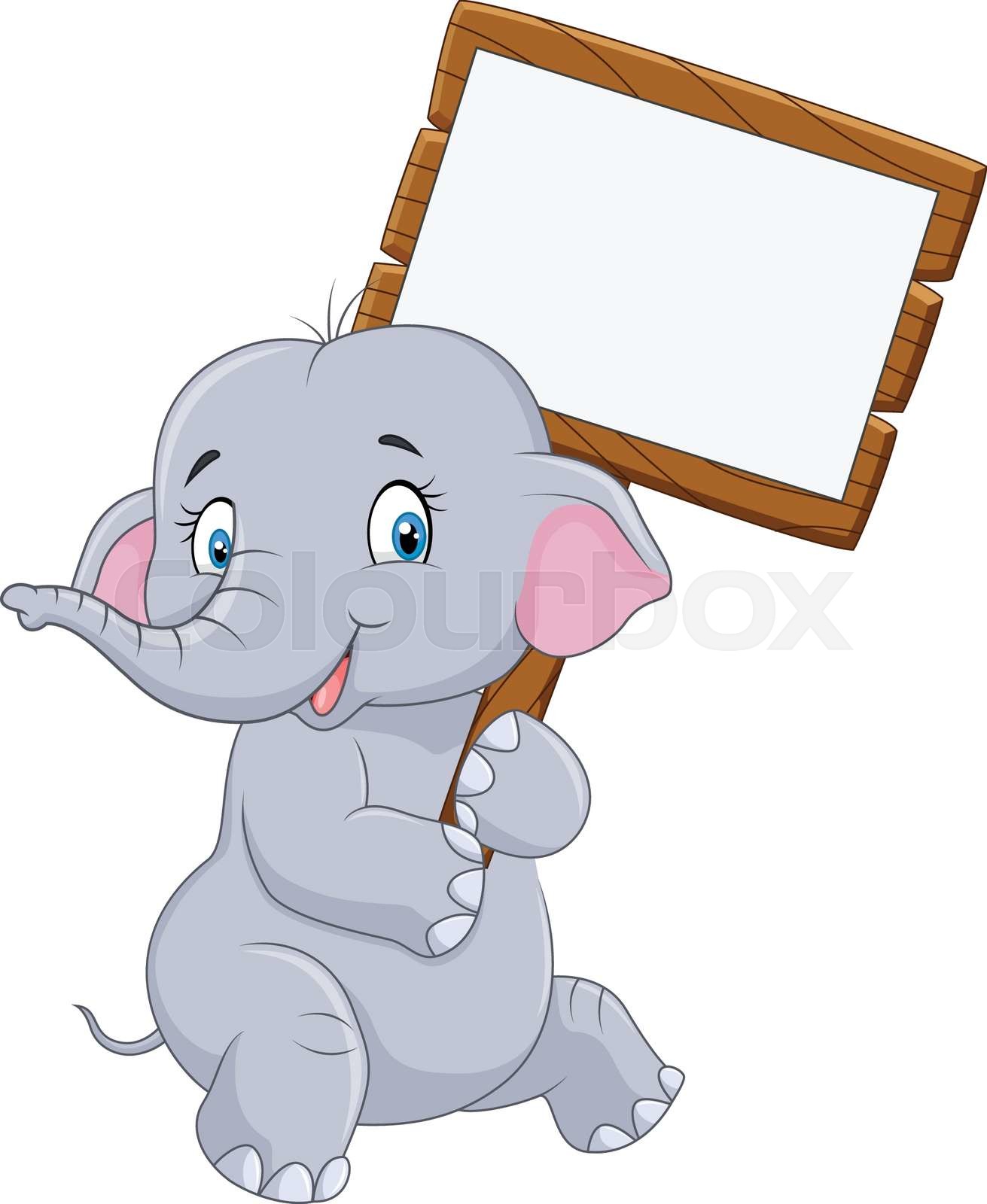 Cartoon funny elephant holding blank sign | Stock vector | Colourbox