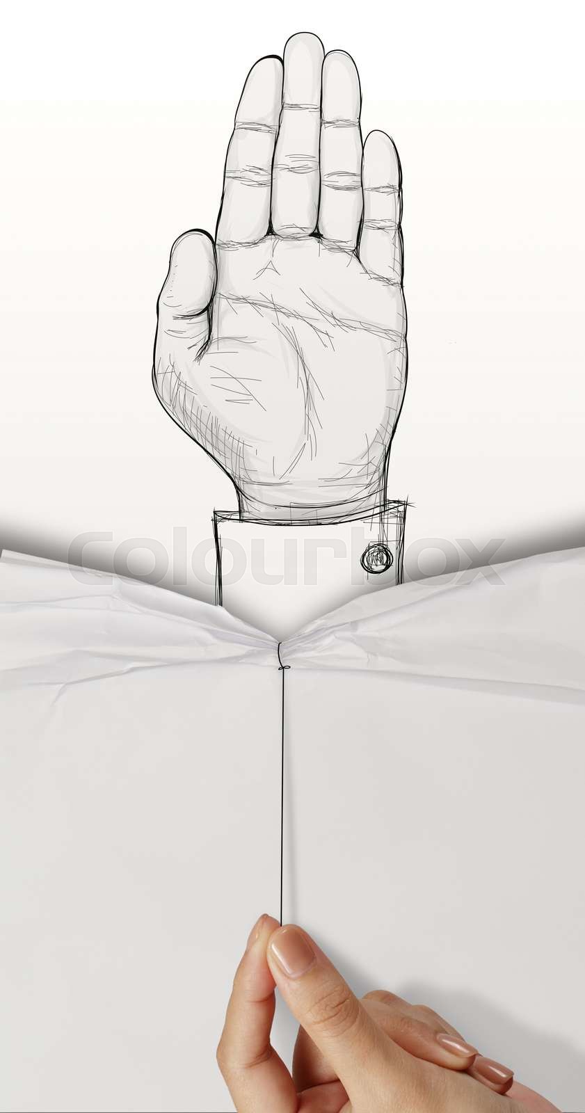 crumpled papaer opening show poster of Hand raised sign as concept ...