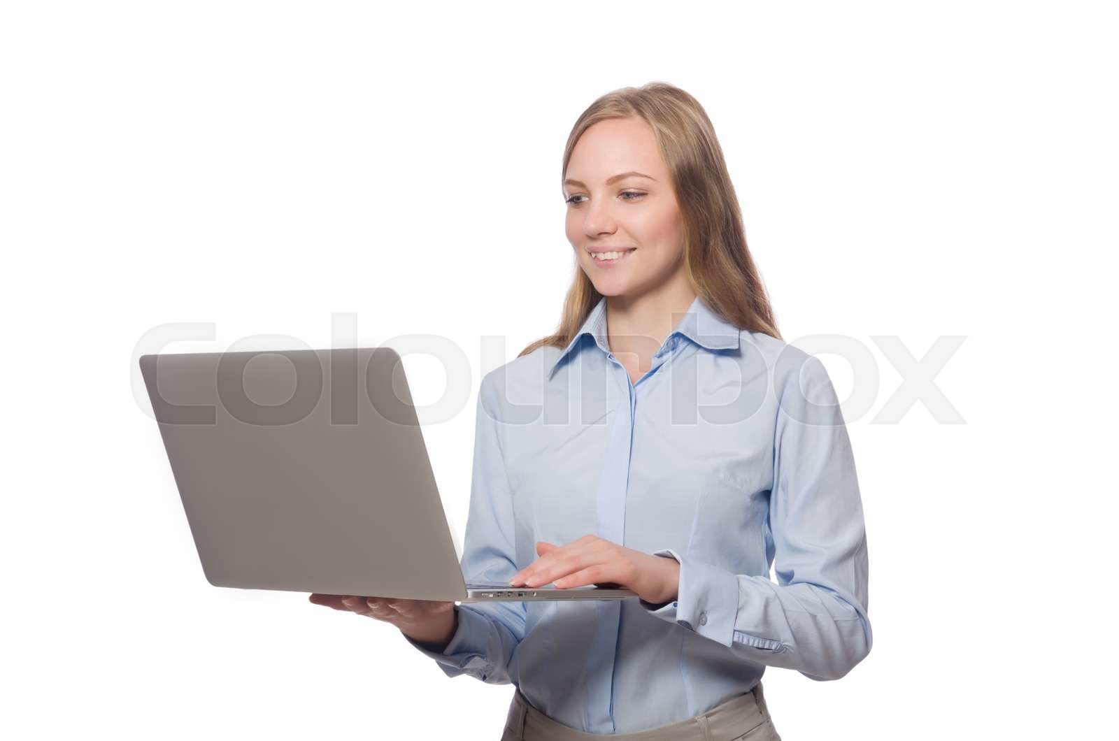 Office employee holding laptop isolated on white | Stock image | Colourbox