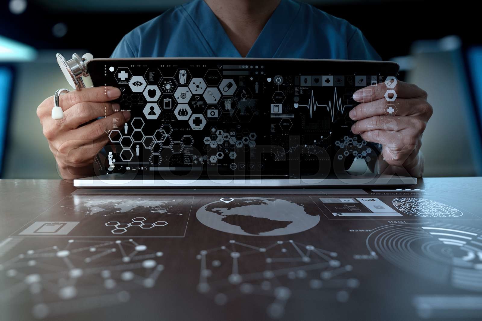 Medicine doctor hand working with modern computer interface as medical ...