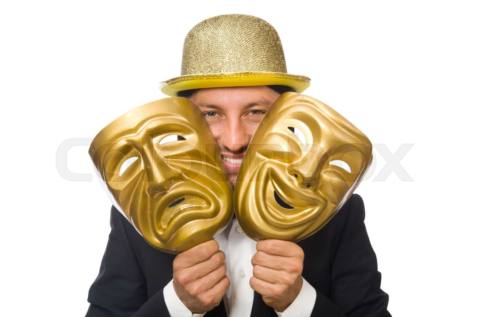 Man with theater mask isolated on white | Stock image | Colourbox