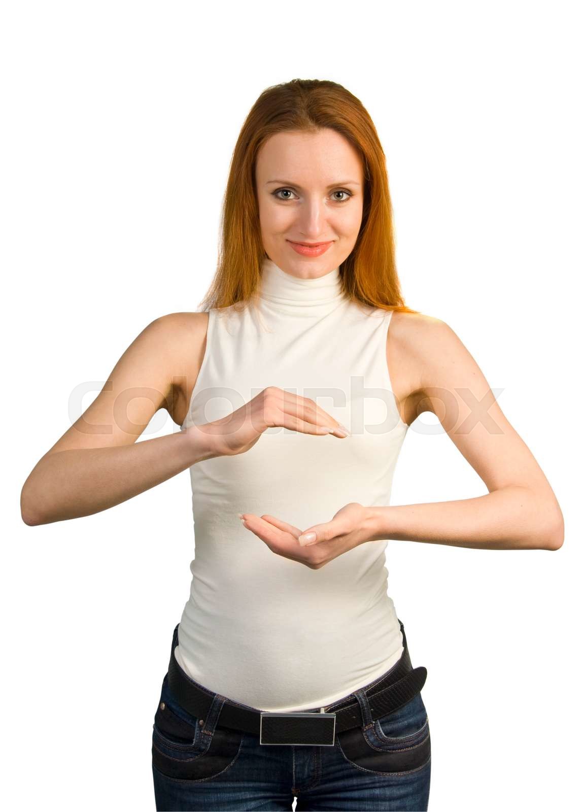 Beautiful attractive smiling business woman showing the sign | Stock ...