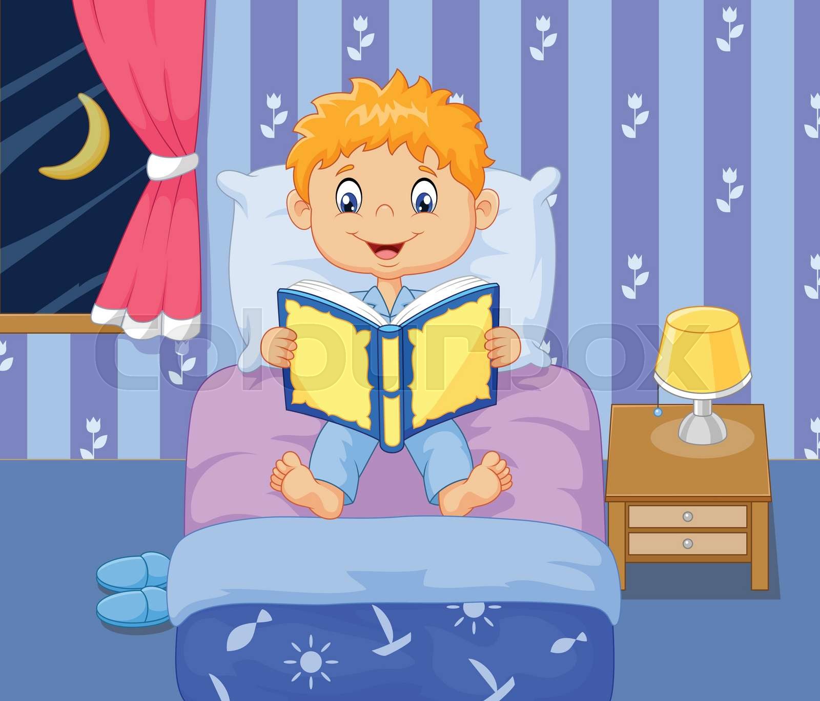 Cartoon lttle boy reading bed time story | Stock vector | Colourbox