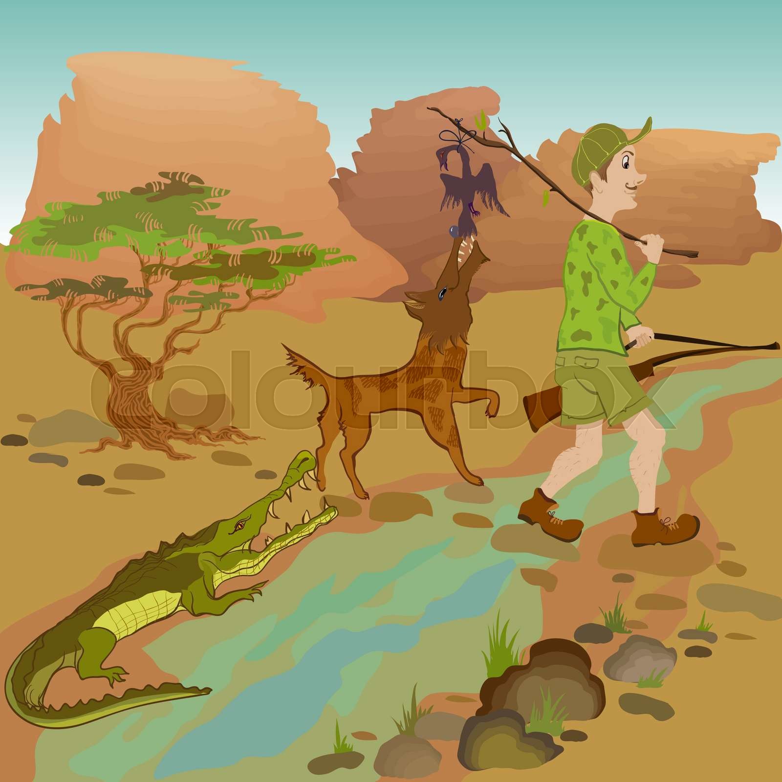 Cartoon hunter with bird, wolf and alligator. | Stock vector | Colourbox
