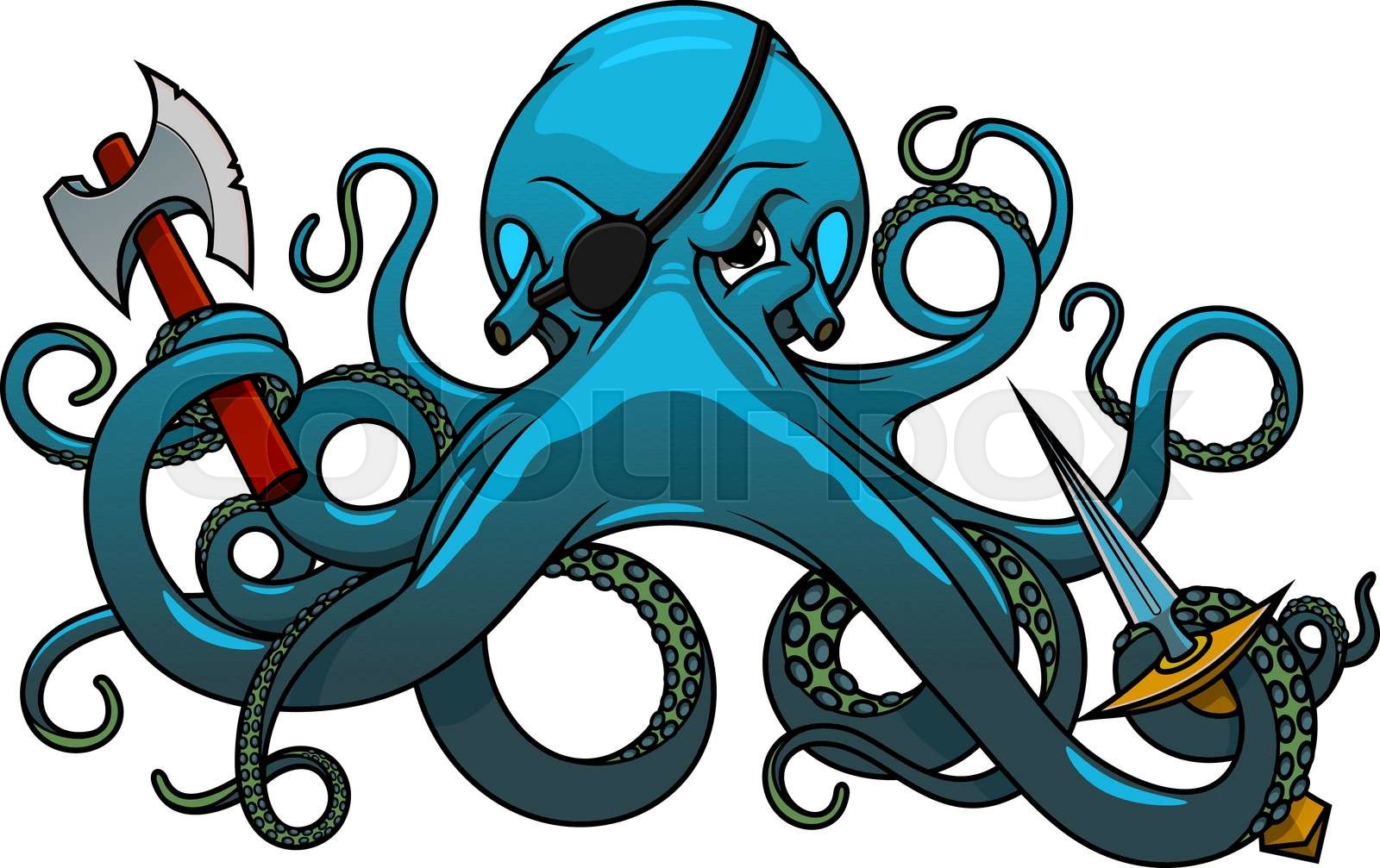 Cartoon octopus pirate with axe and sword | Stock vector | Colourbox