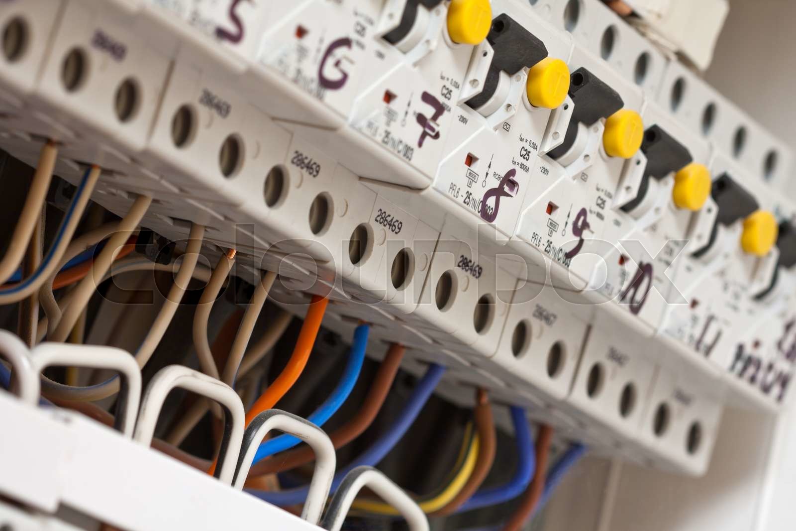 Electrical fuseboxes and power lines | Stock image | Colourbox