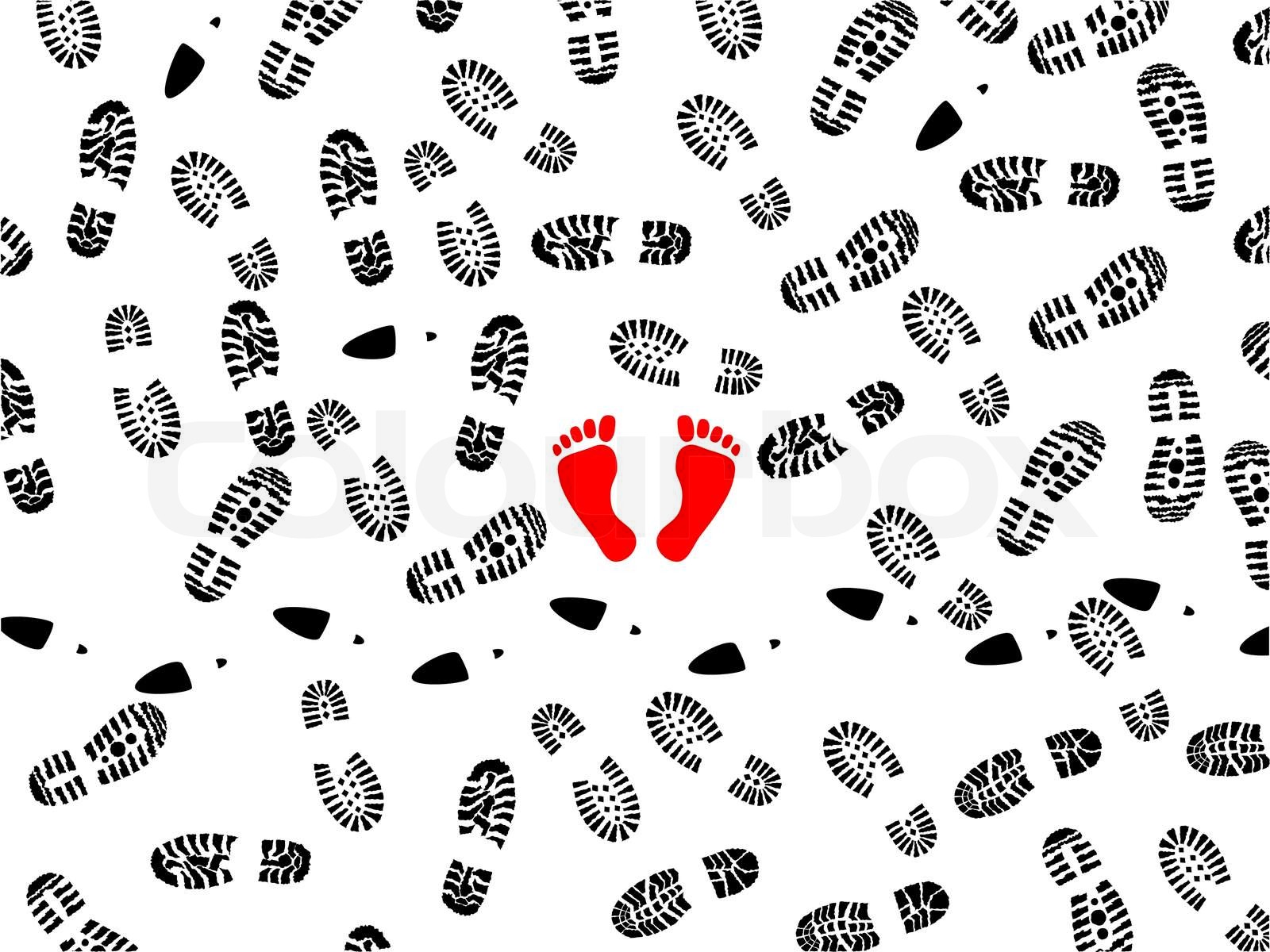 seamless illustration of foot prints with two red bootless imprints ...