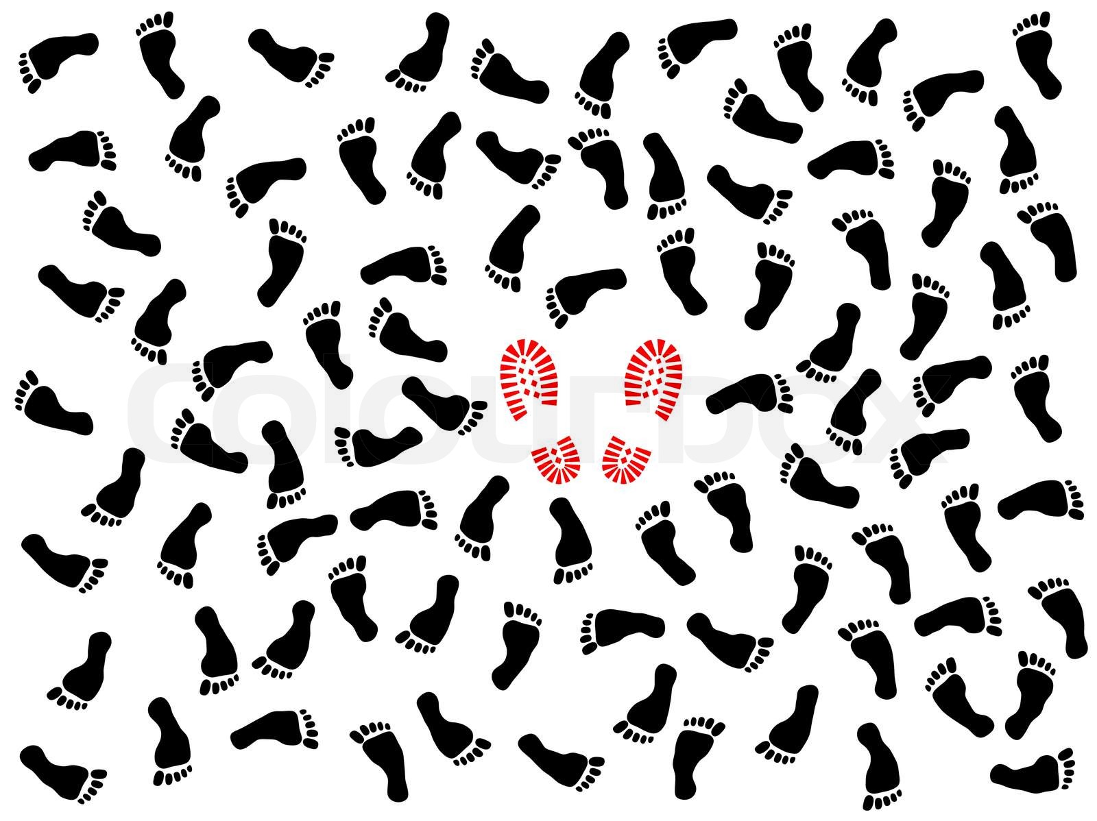 seamless illustration of bootless imprints with two red foot prints ...