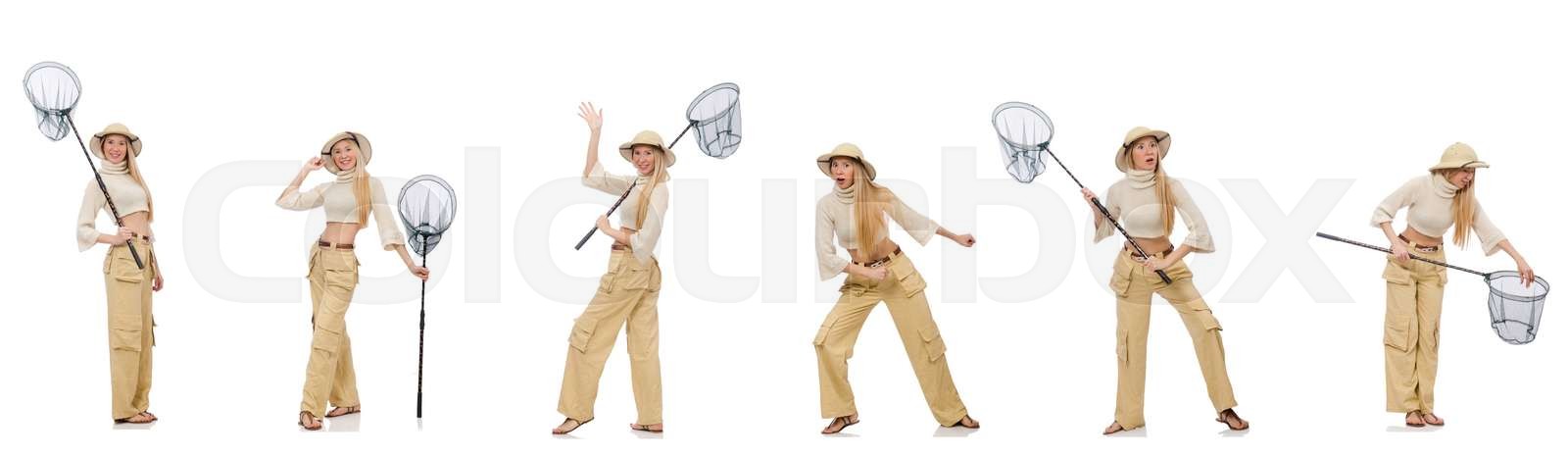 Woman with catching net on white | Stock image | Colourbox