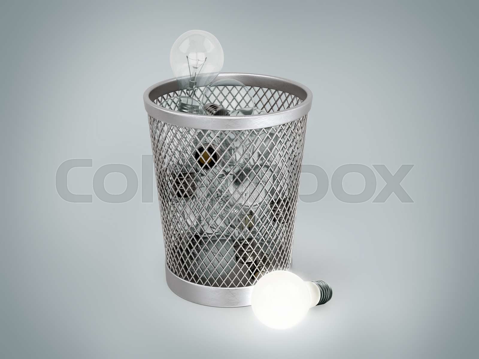 light bulb near a bin with other lamps; concept of lost idea | Stock ...