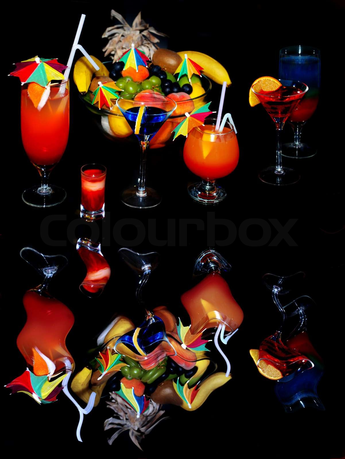 various glass drinks with reflection isolated over black | Stock image ...