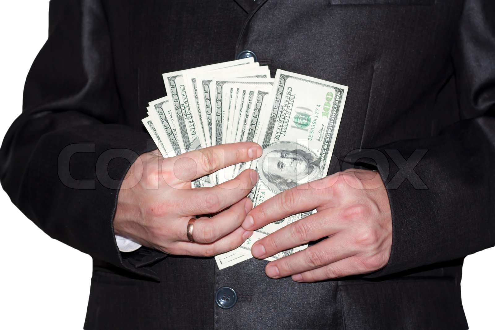 man with dollars in pocket. male getting money out of suit to pay ...