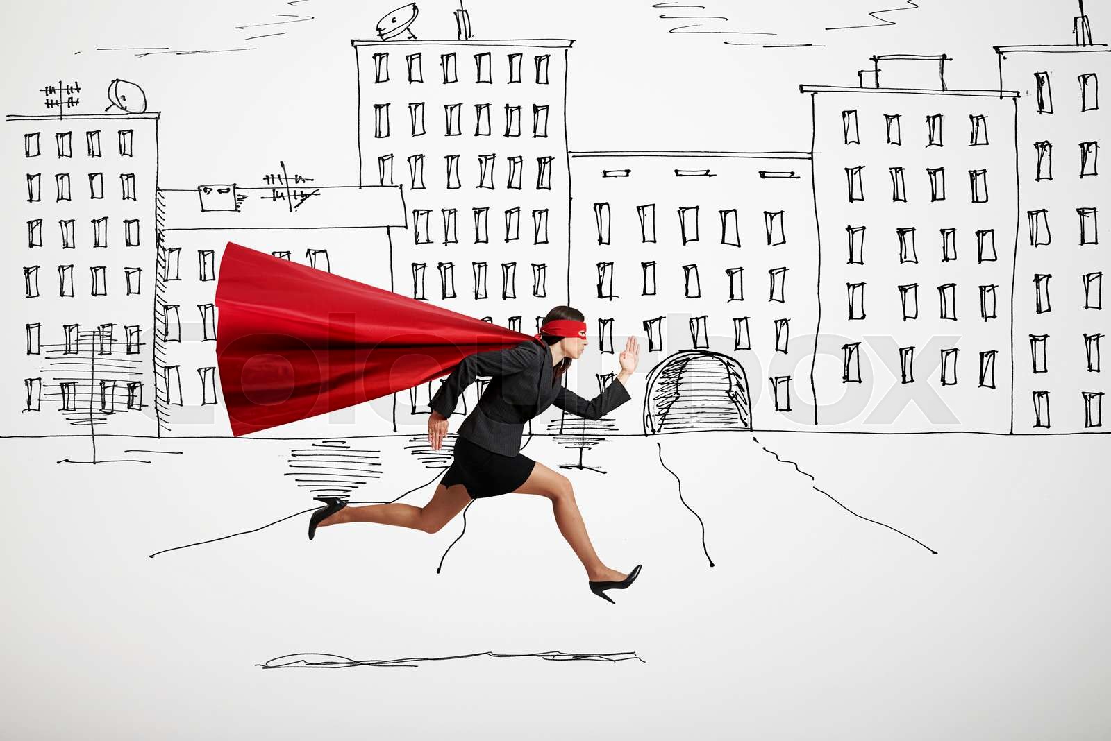 businesswoman wearing like superhero very fast running in drawed street ...