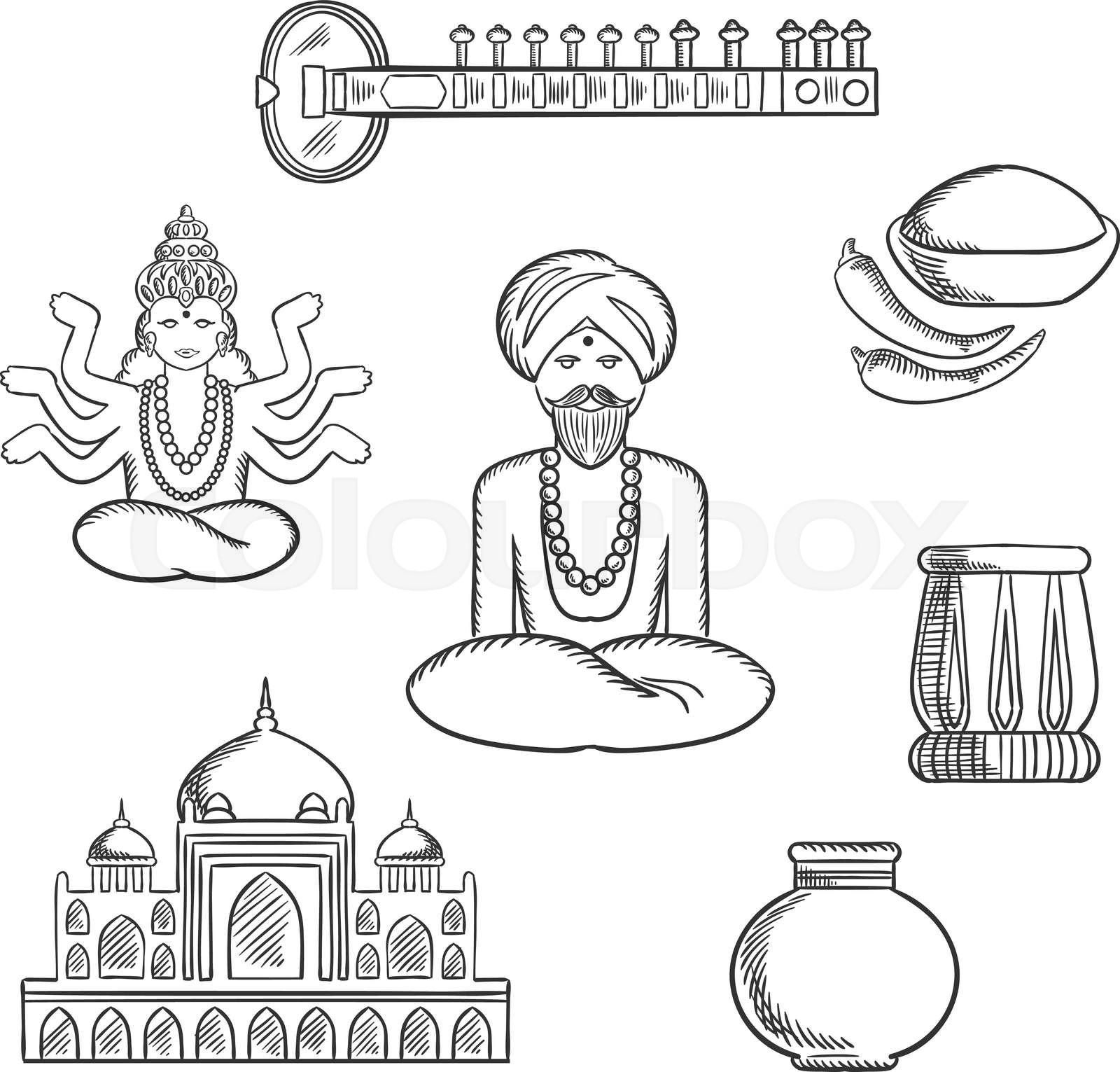 Indian culture and religion sketch icons | Stock vector | Colourbox
