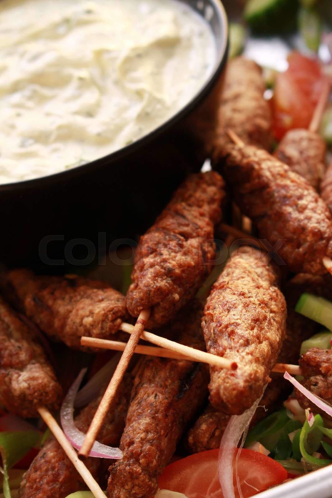 kofte shish kofta kebabs with dip | Stock image | Colourbox