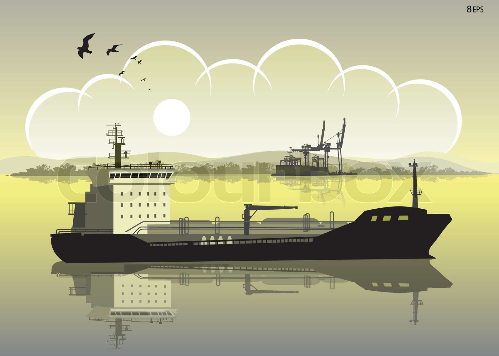 Fragtskib på baggrund af havnen . | Stock vektor | Colourbox