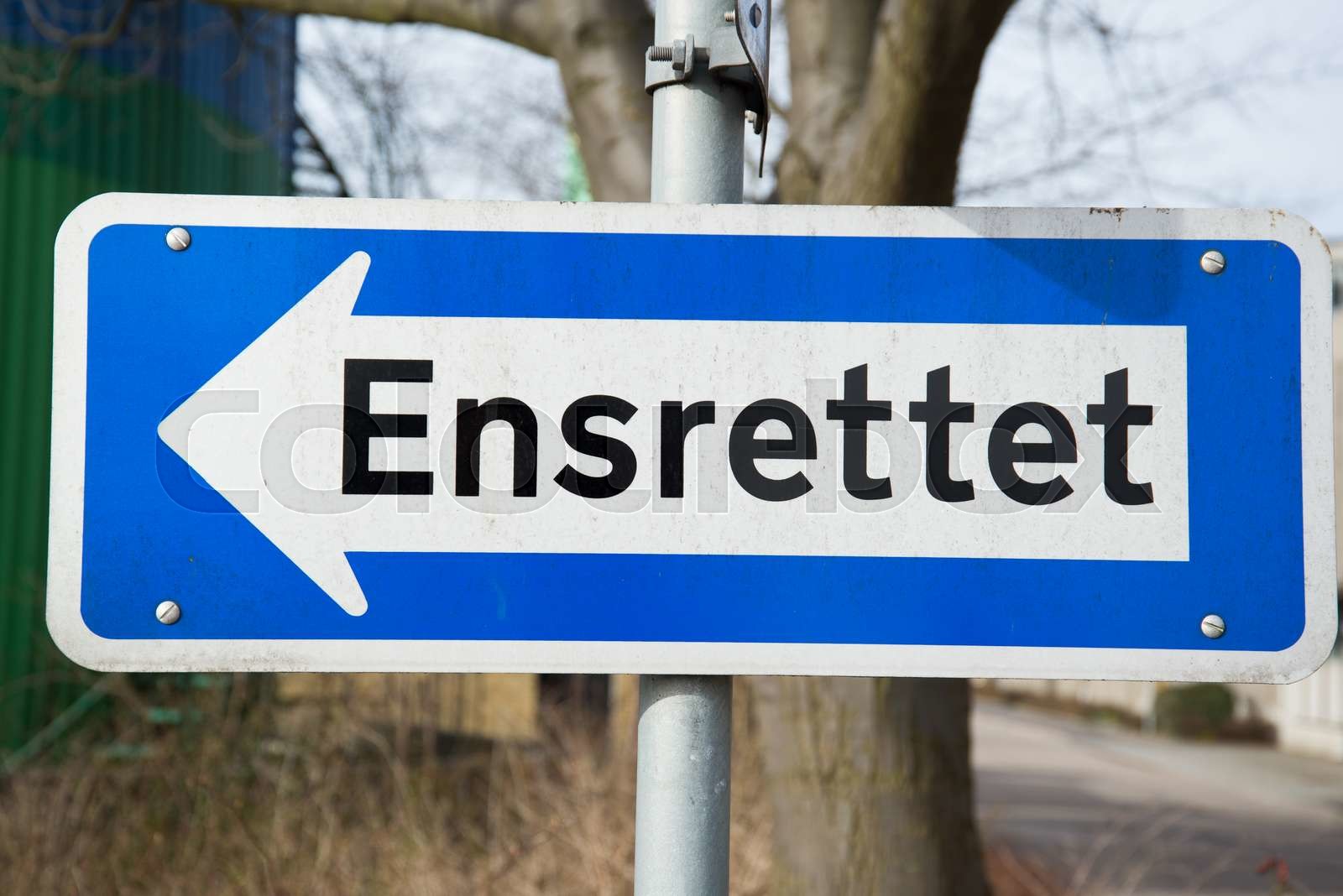 Blåt og hvidt anvisningsskilt foran vej og træer.med tekst "ensrettet ...