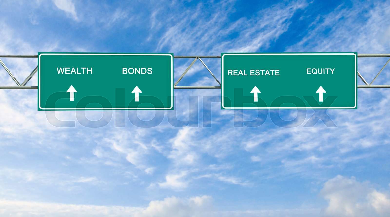 Road signs to wealth, real rstate, equity | Stock image | Colourbox