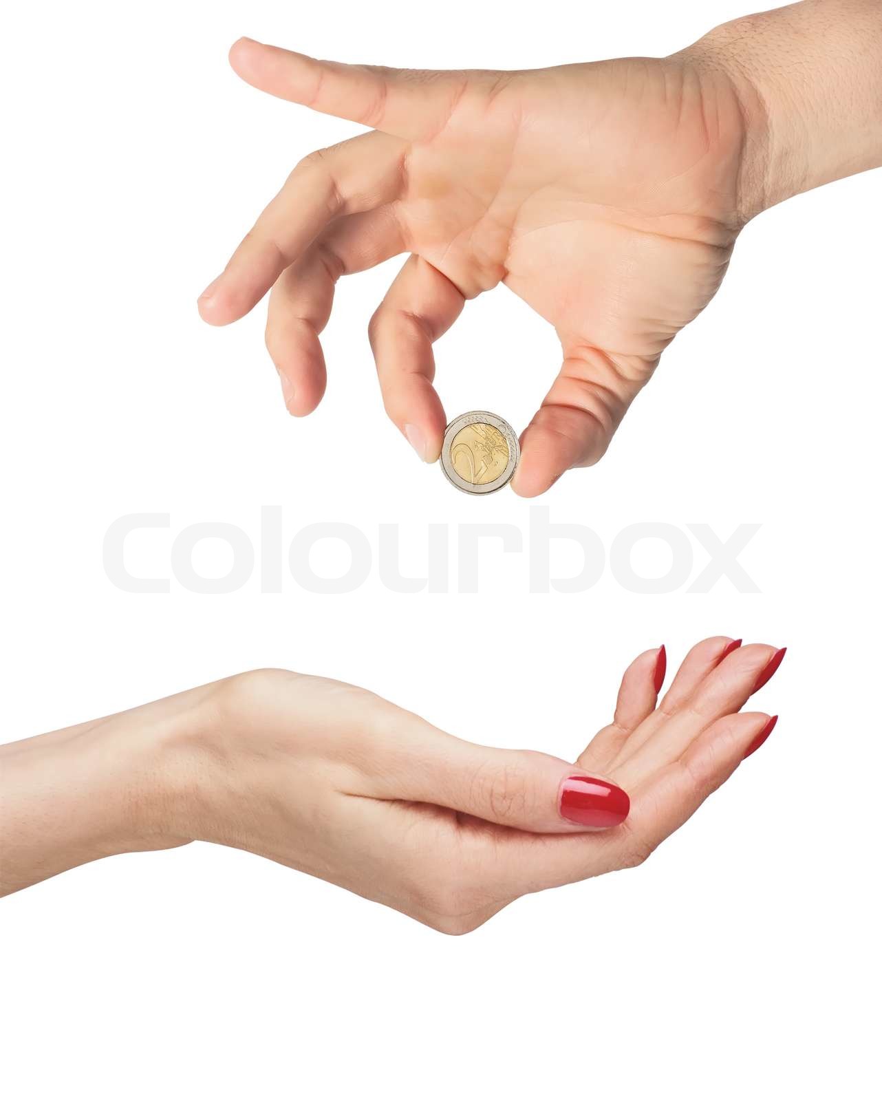 kvinde hånd og manden hånd med mønt isoleret på hvid baggrund | Stock ...