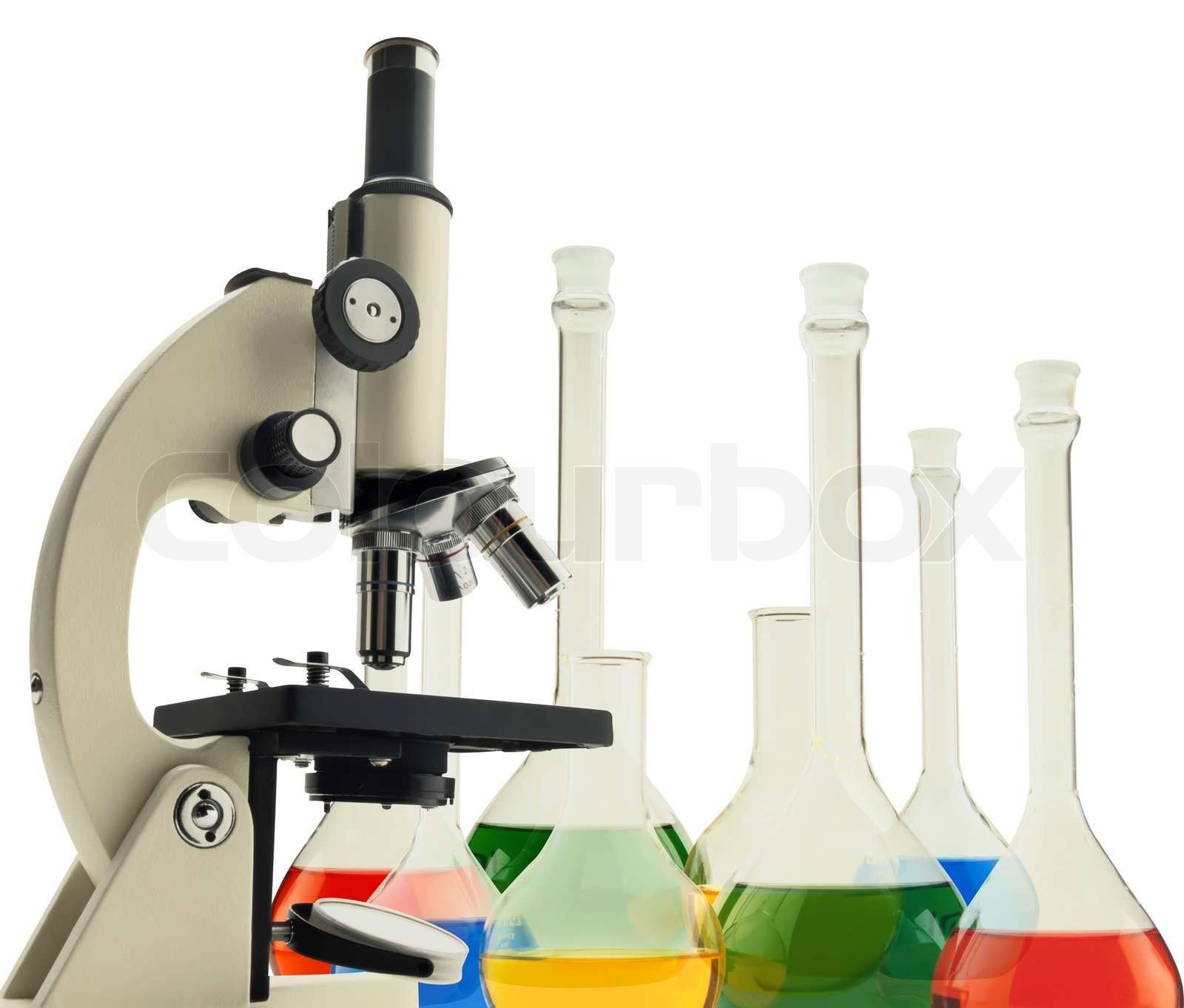 Laboratory metal microscope and test tubes with liquid on white | Stock ...