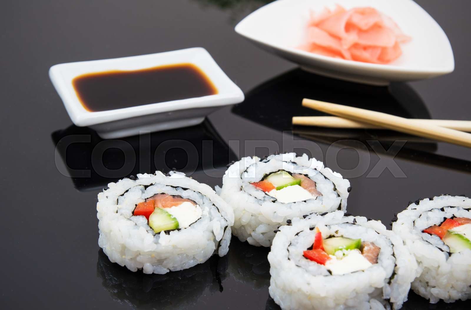 Sushi set with sticks and ginger | Stock image | Colourbox