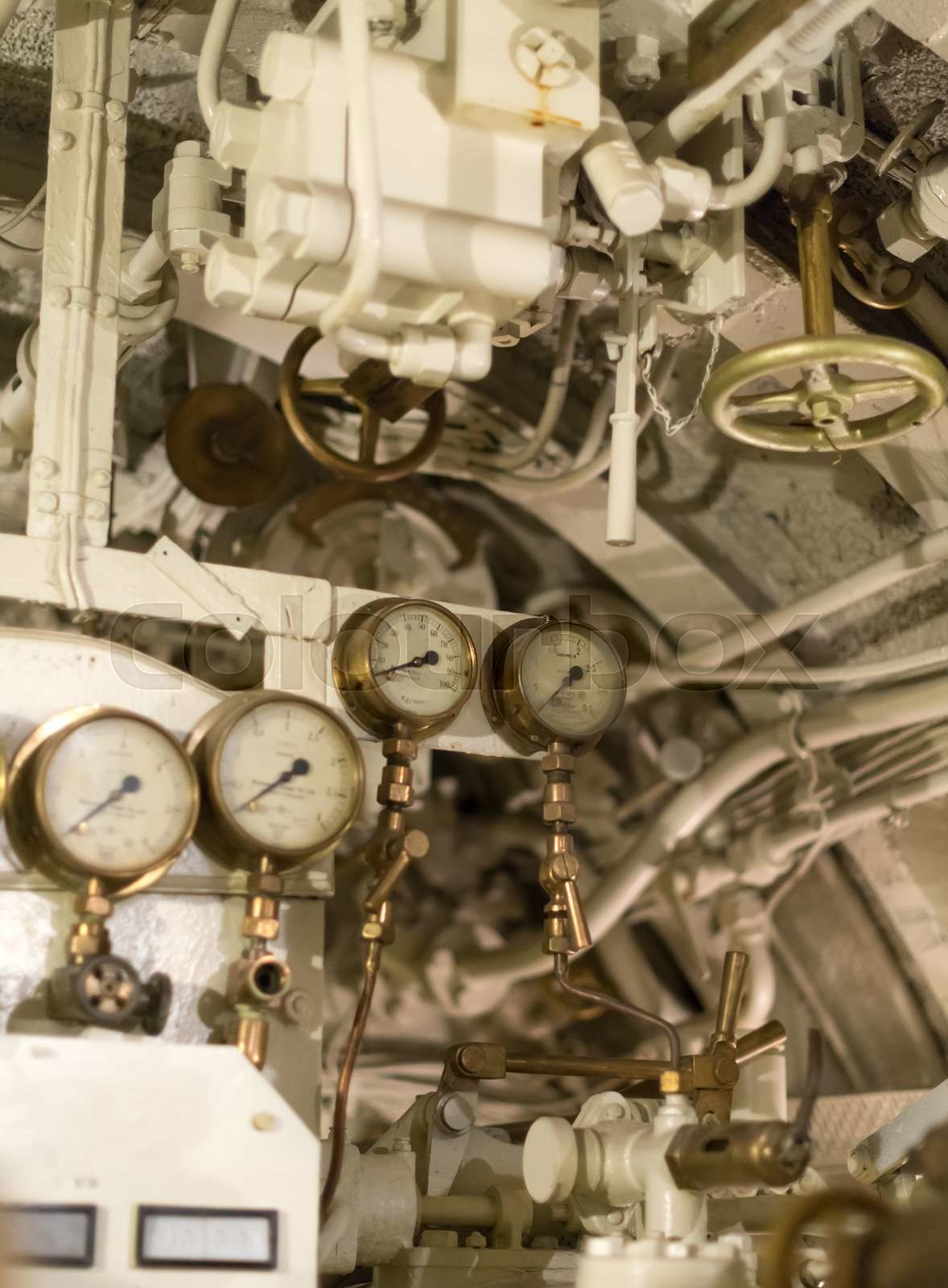 Detailed view of many manometers inside of submarine. | Stock image | Colourbox