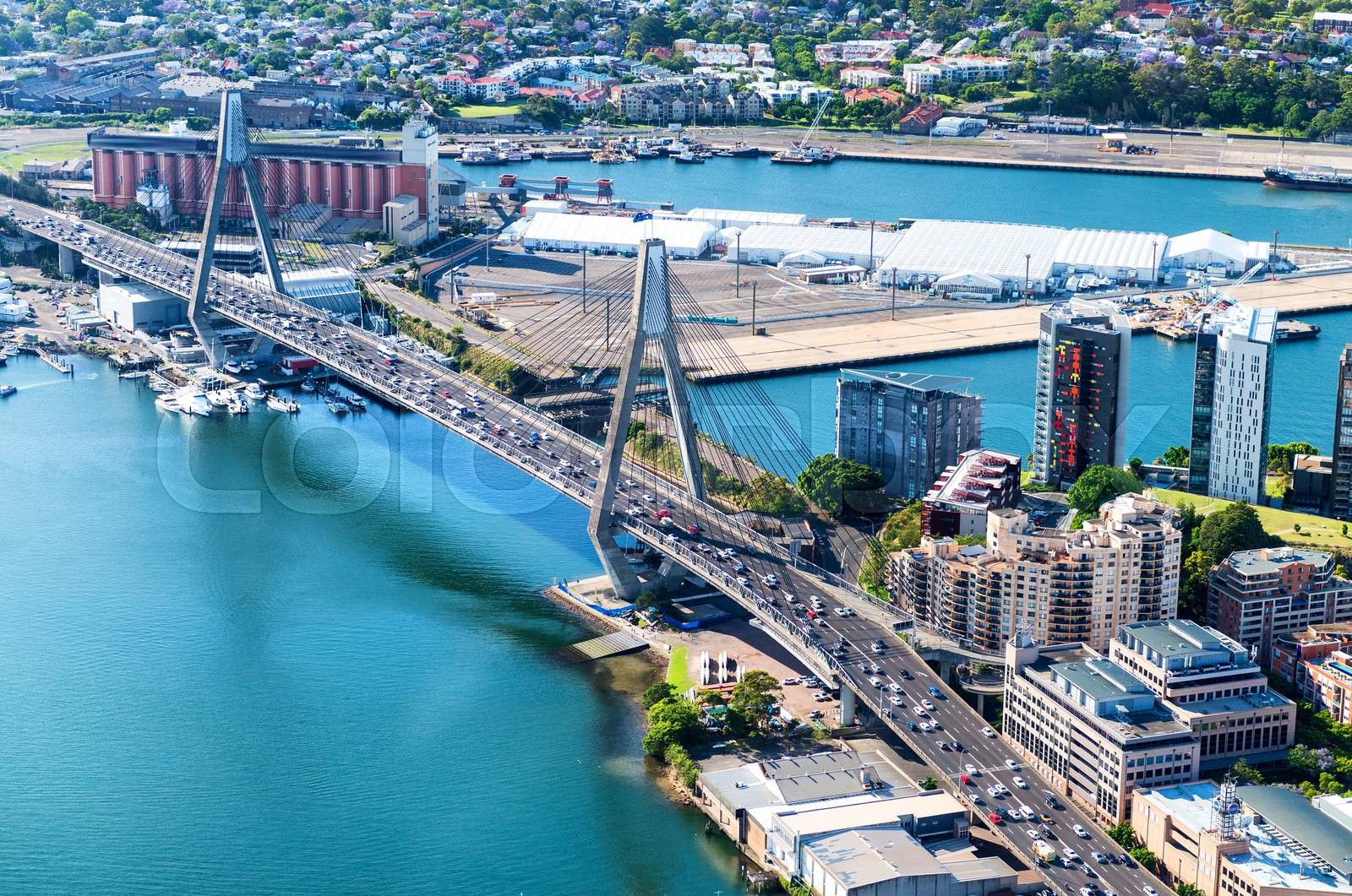 Beautiful aerial view of Anzac Bridge and Sydney skyline from ...
