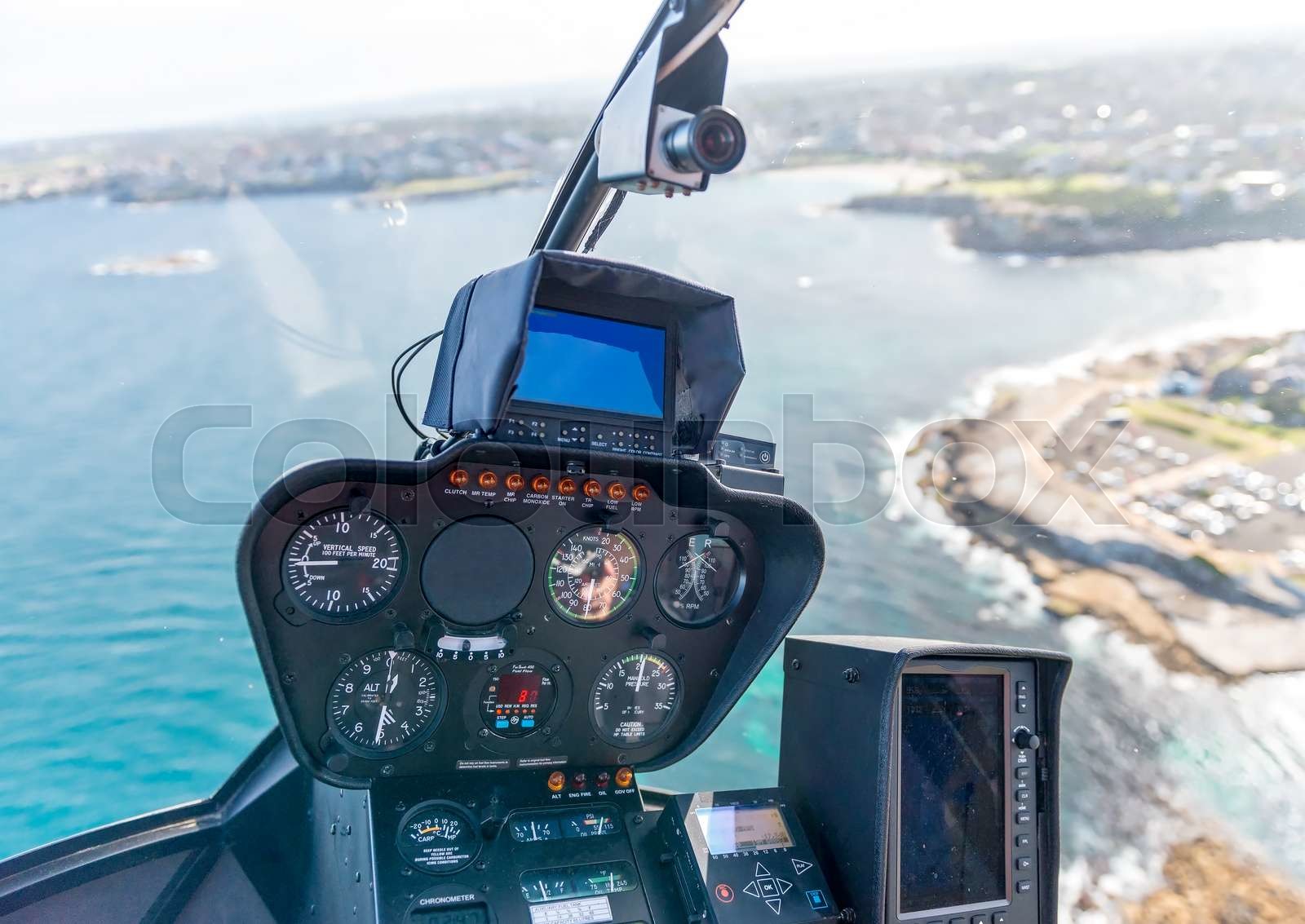 Interior of helicopter during flight. Cockpit and instruments | Stock ...