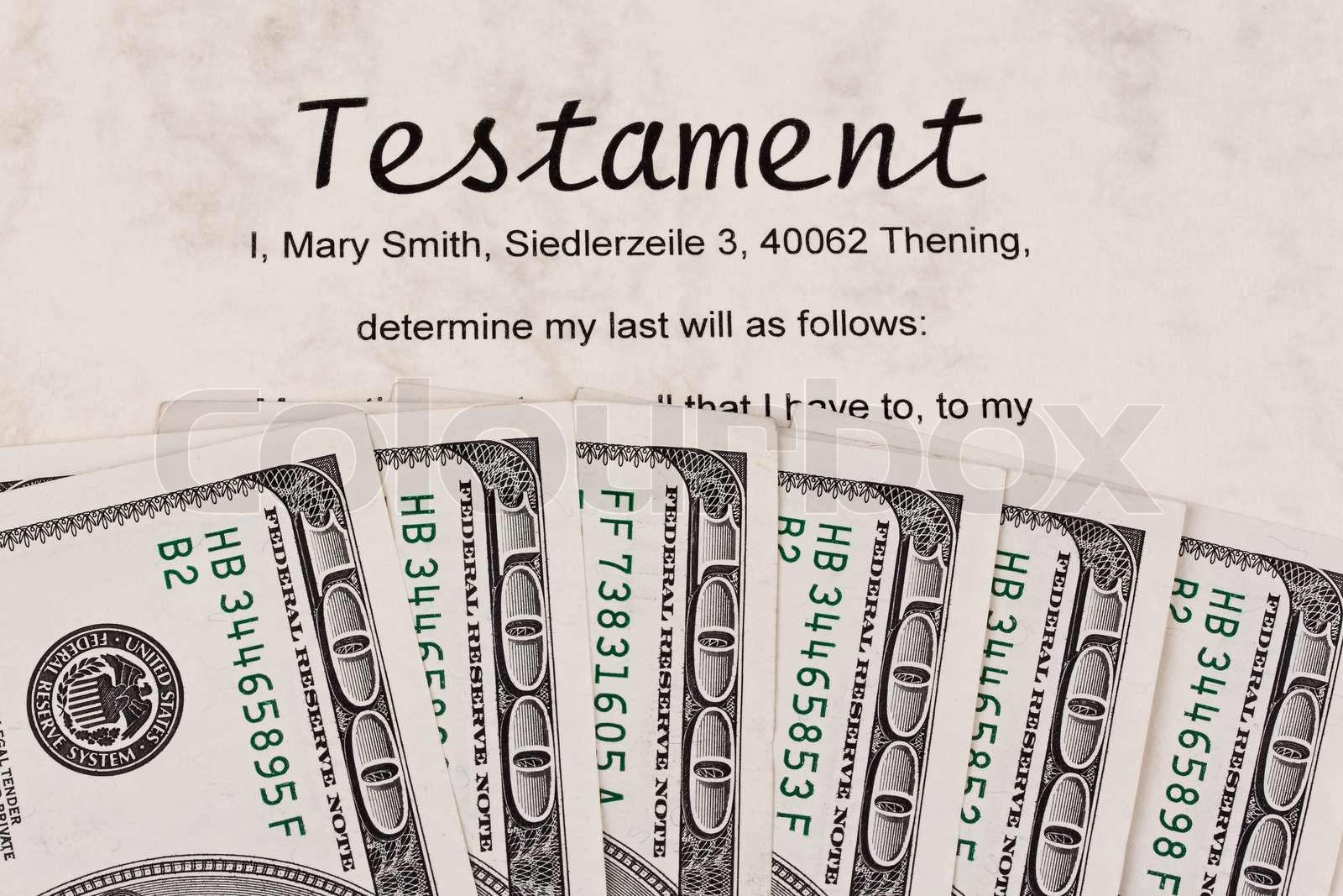 Many dollar bills and Testament in english language | Stock image ...