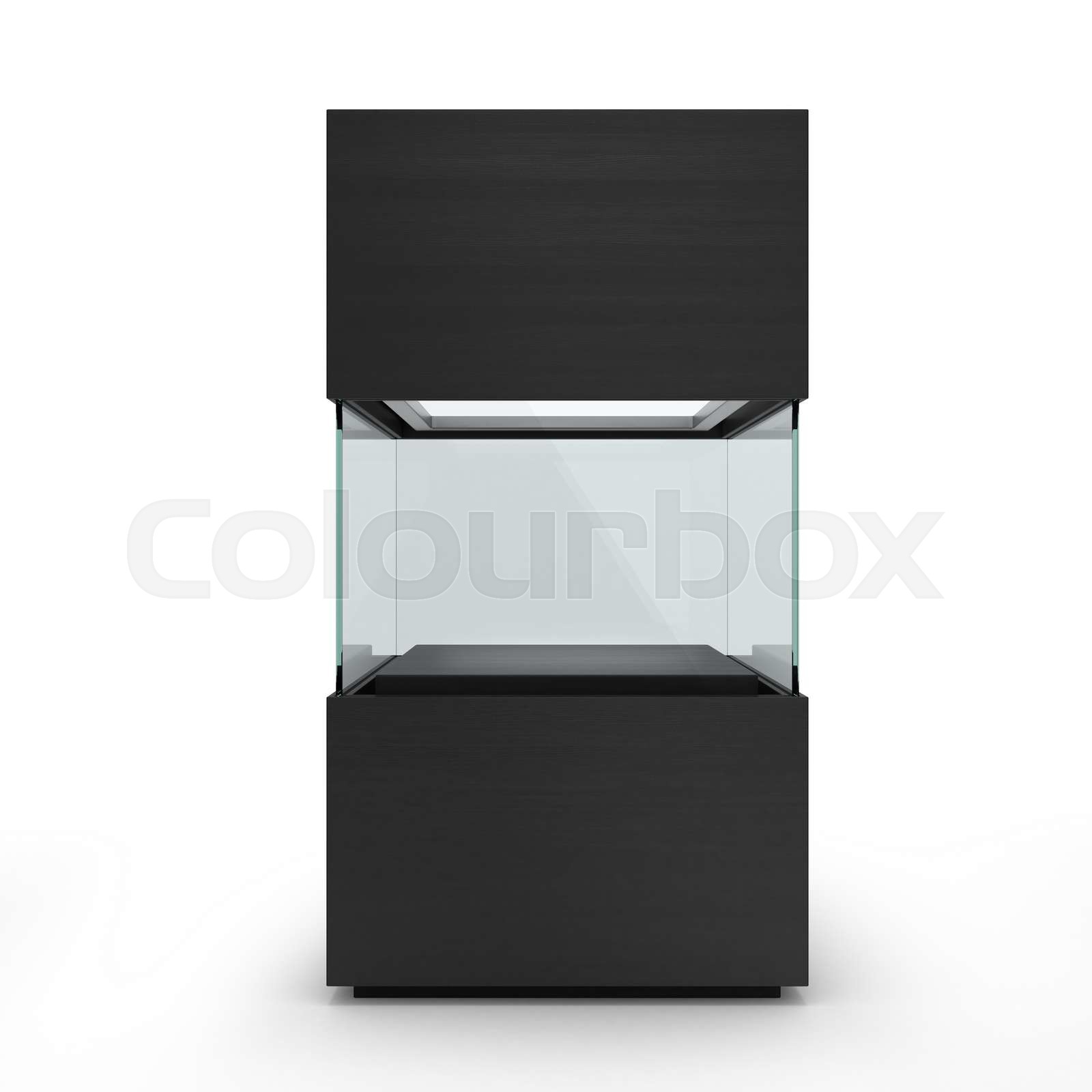 empty black showcase with pedestal and lighting, perspective | Stock ...