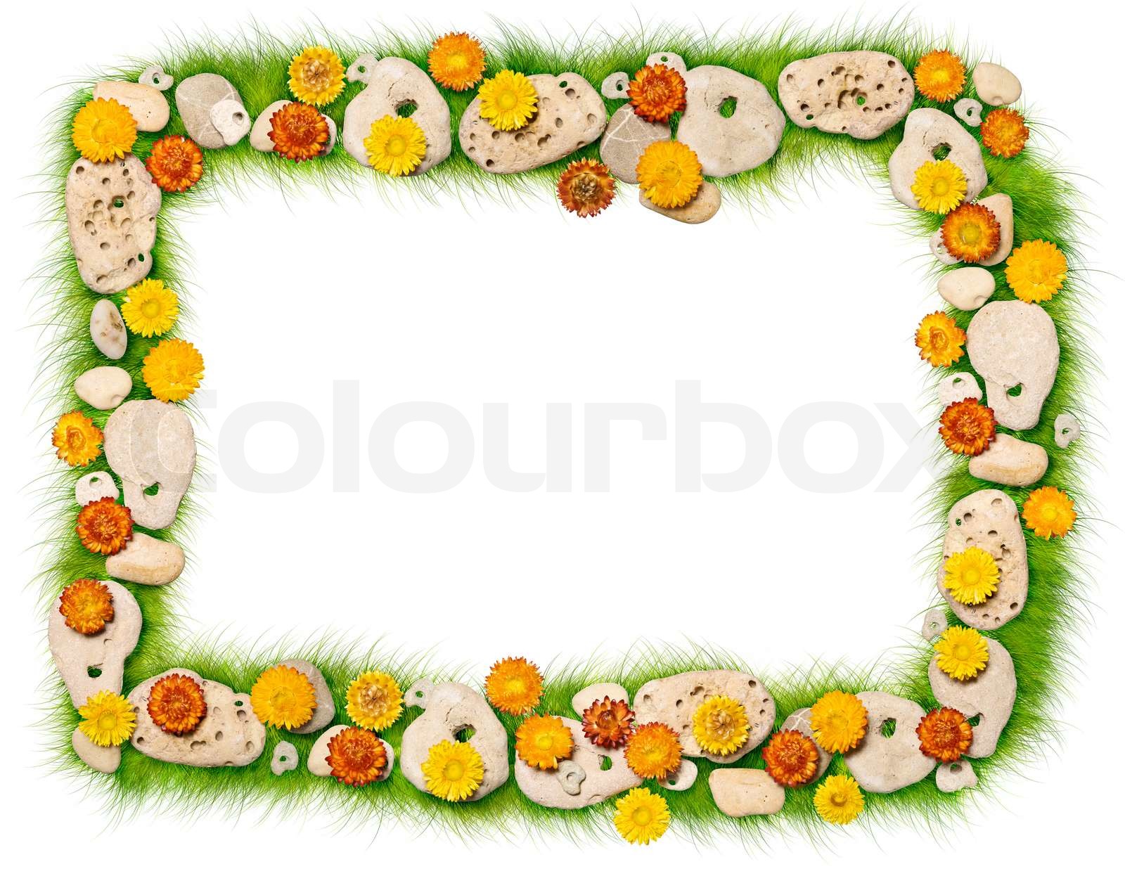 Rammer fra blomster og sten på en græs . | Stock foto | Colourbox
