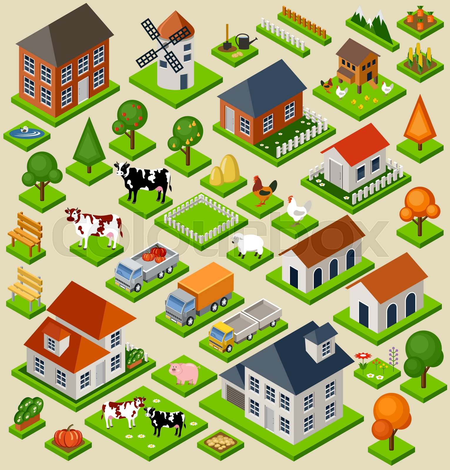 Farm toy blocks isometric set. Isolated. Map Elements. Vector ...