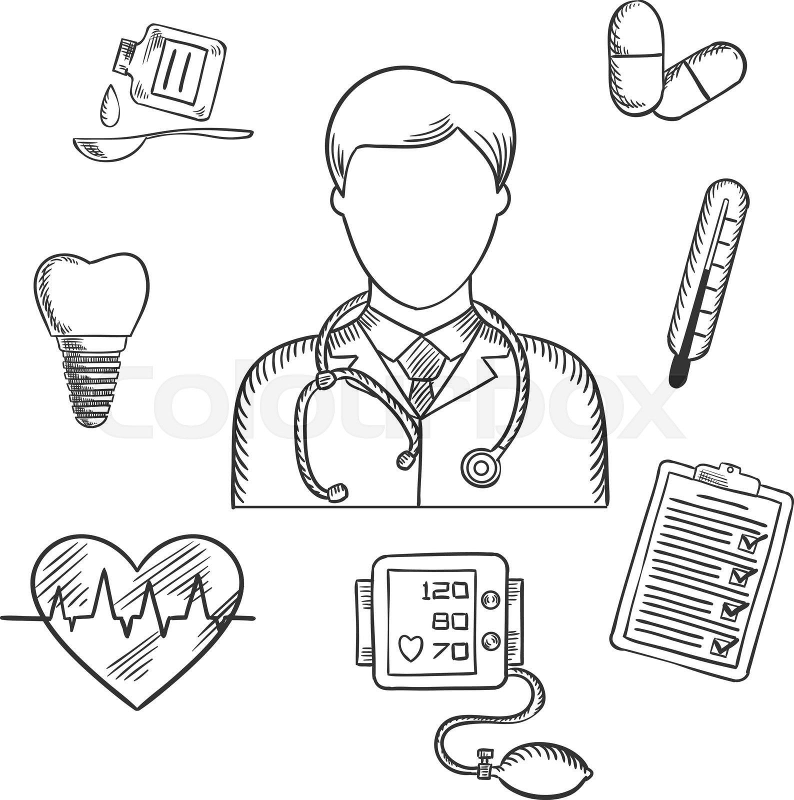 Hand drawn medical items and doctor | Stock vector | Colourbox