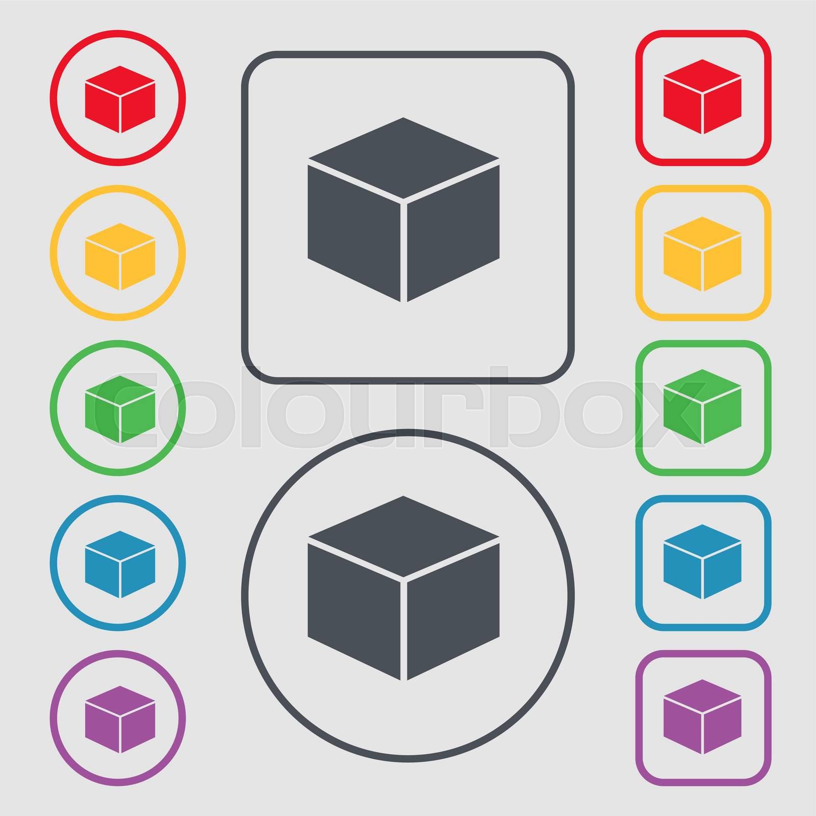 cube icon sign. symbol on the Round and square buttons with frame ...