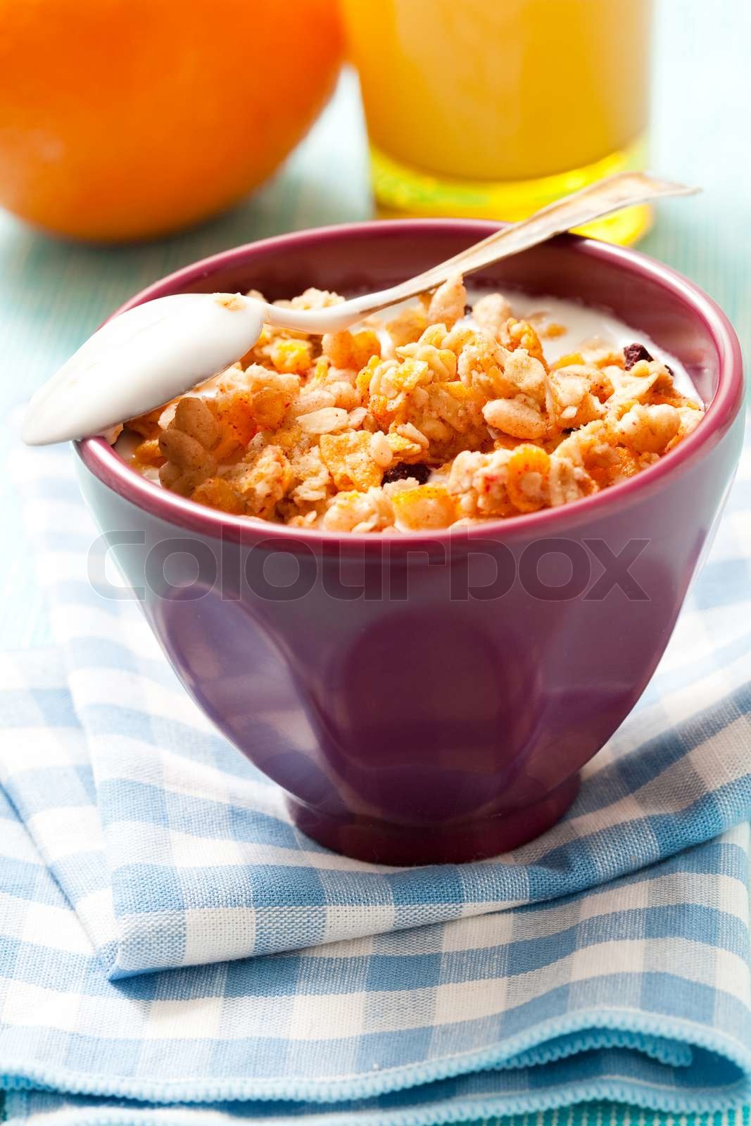 Healthy breakfast with cereal, orange and orange juice | Stock image ...