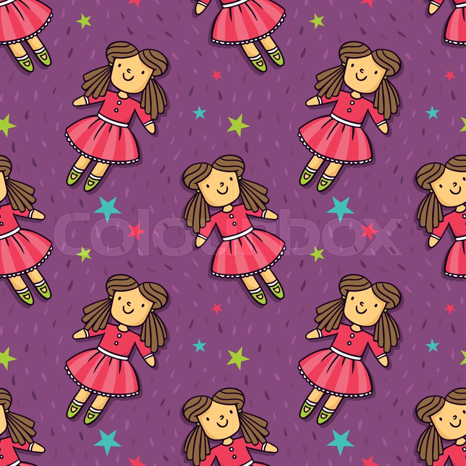 Vector seamless pattern with cute doll in pink dress | Stock vector ...