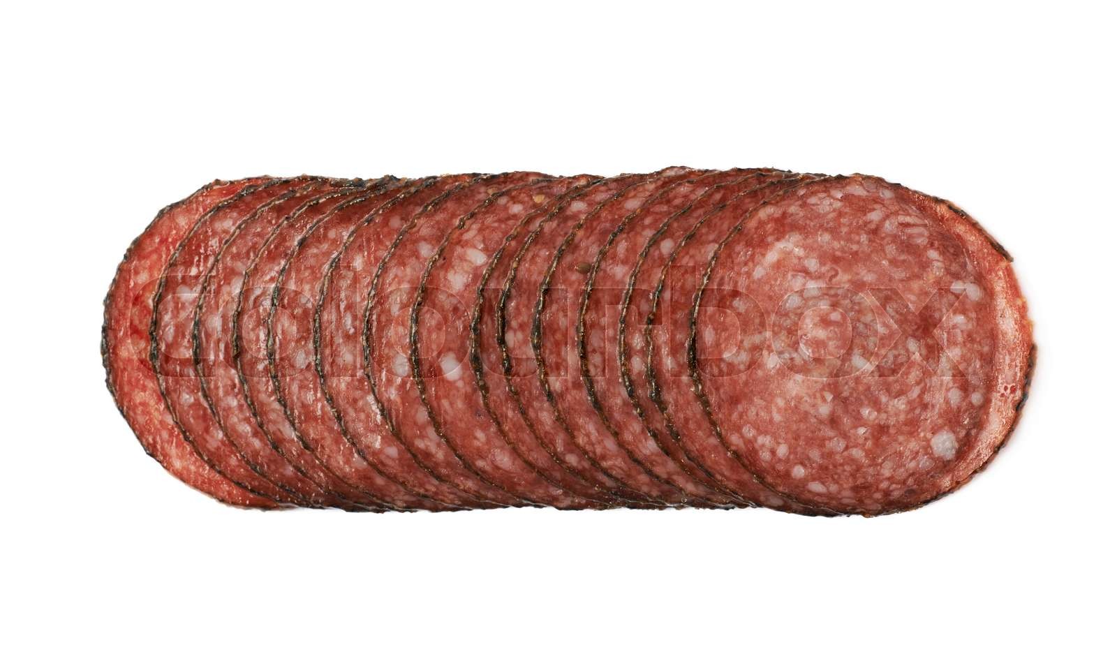 Stack of multiple salami slices isolated | Stock image | Colourbox