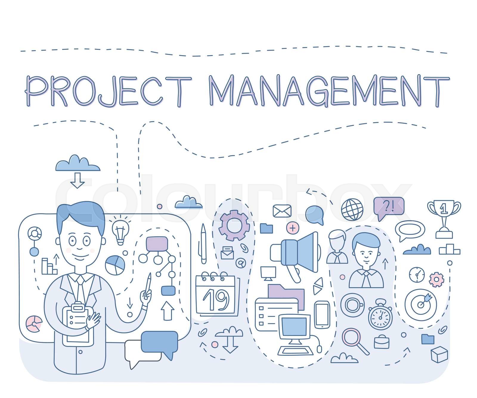 Doodle style concept of project management. Modern line illustration ...